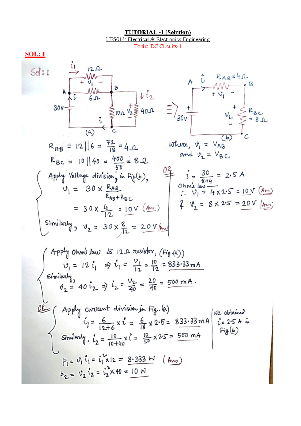 Solutions Tutorial 1 UES013: Electrical Electronics Engineering - Studocu