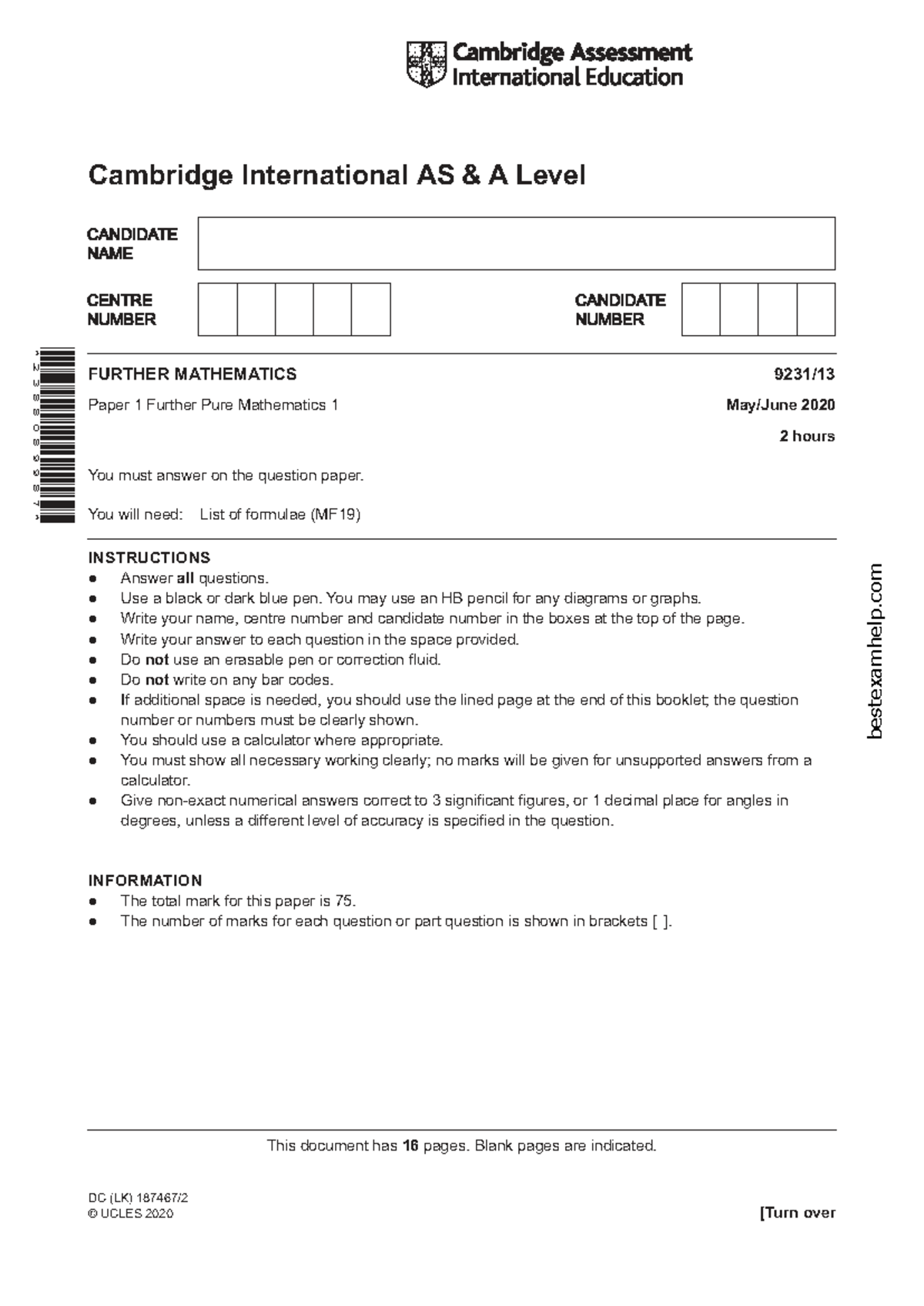 Cambridge International AS A Level 9231 Further Pure Mathematics Paper ...