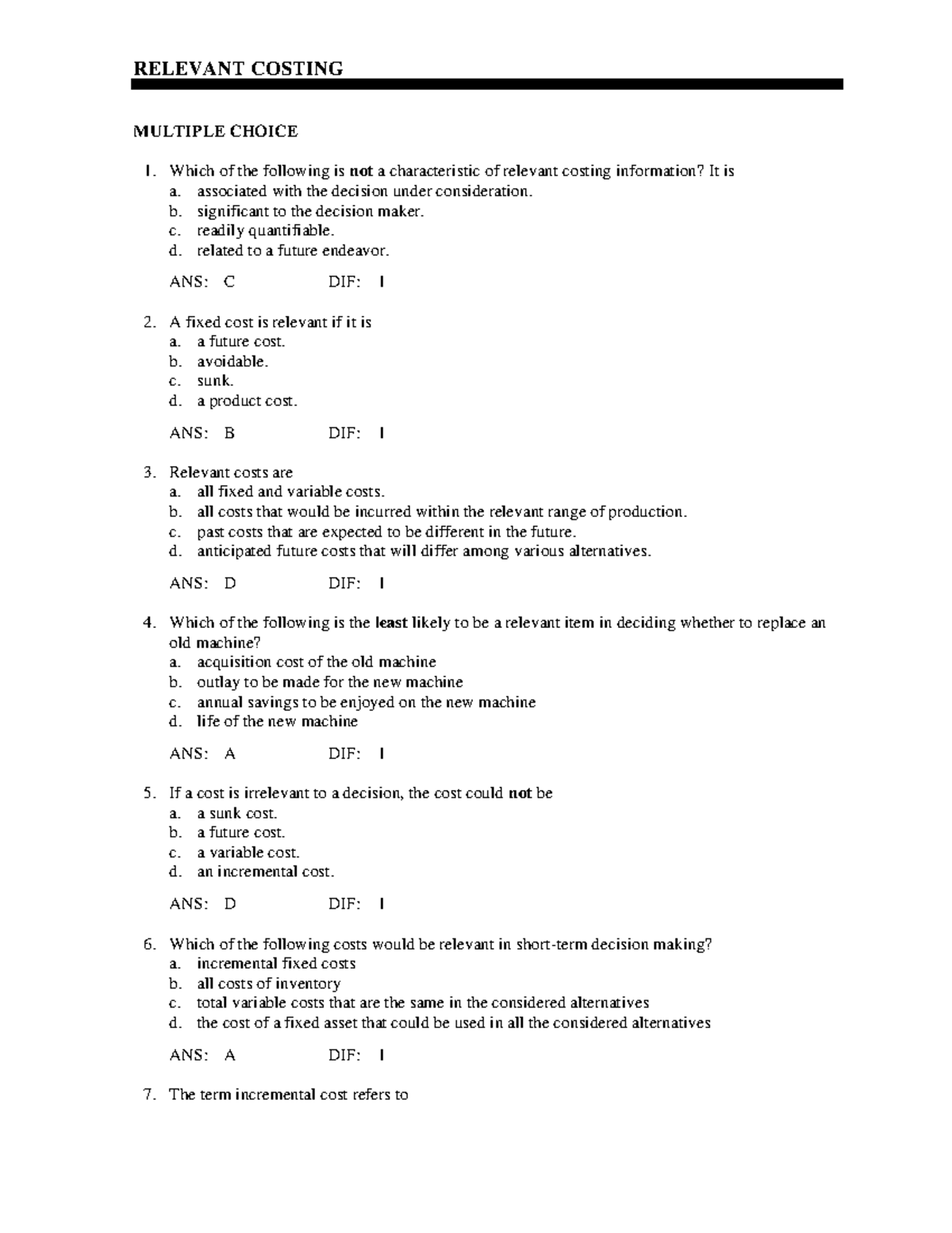 Relevant Costing Multiple Choice Questions and Answers (ACCT 101) - Studocu