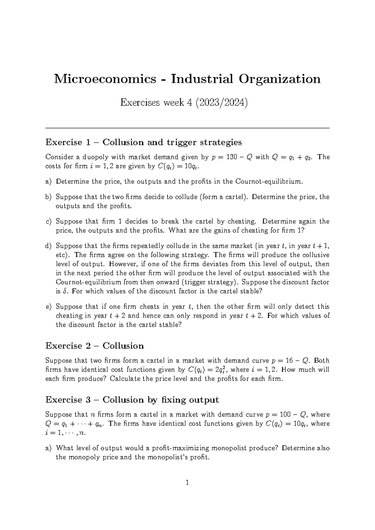 Microeconomics Tutorial Exercises - Industrial Organization (2023/2024 ...