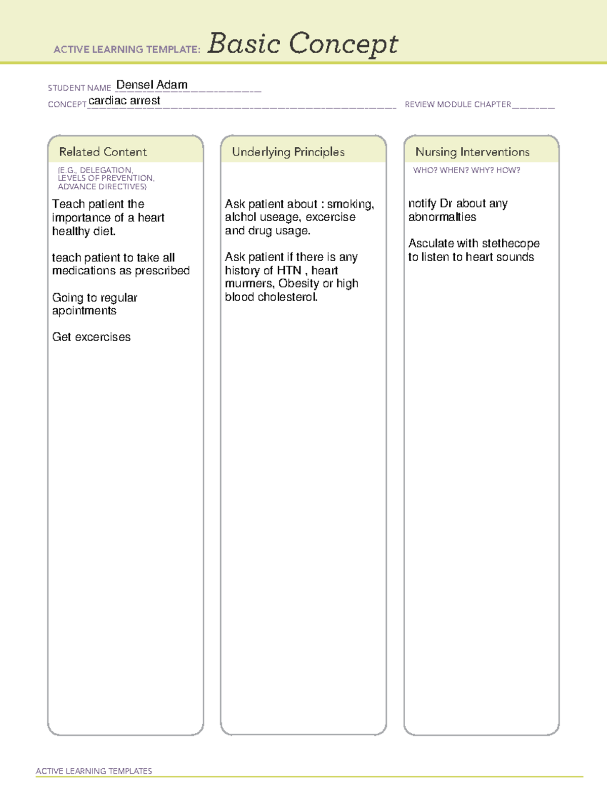 Cardiac arrest - ACTIVE LEARNING TEMPLATES Basic Concept STUDENT NAME ...