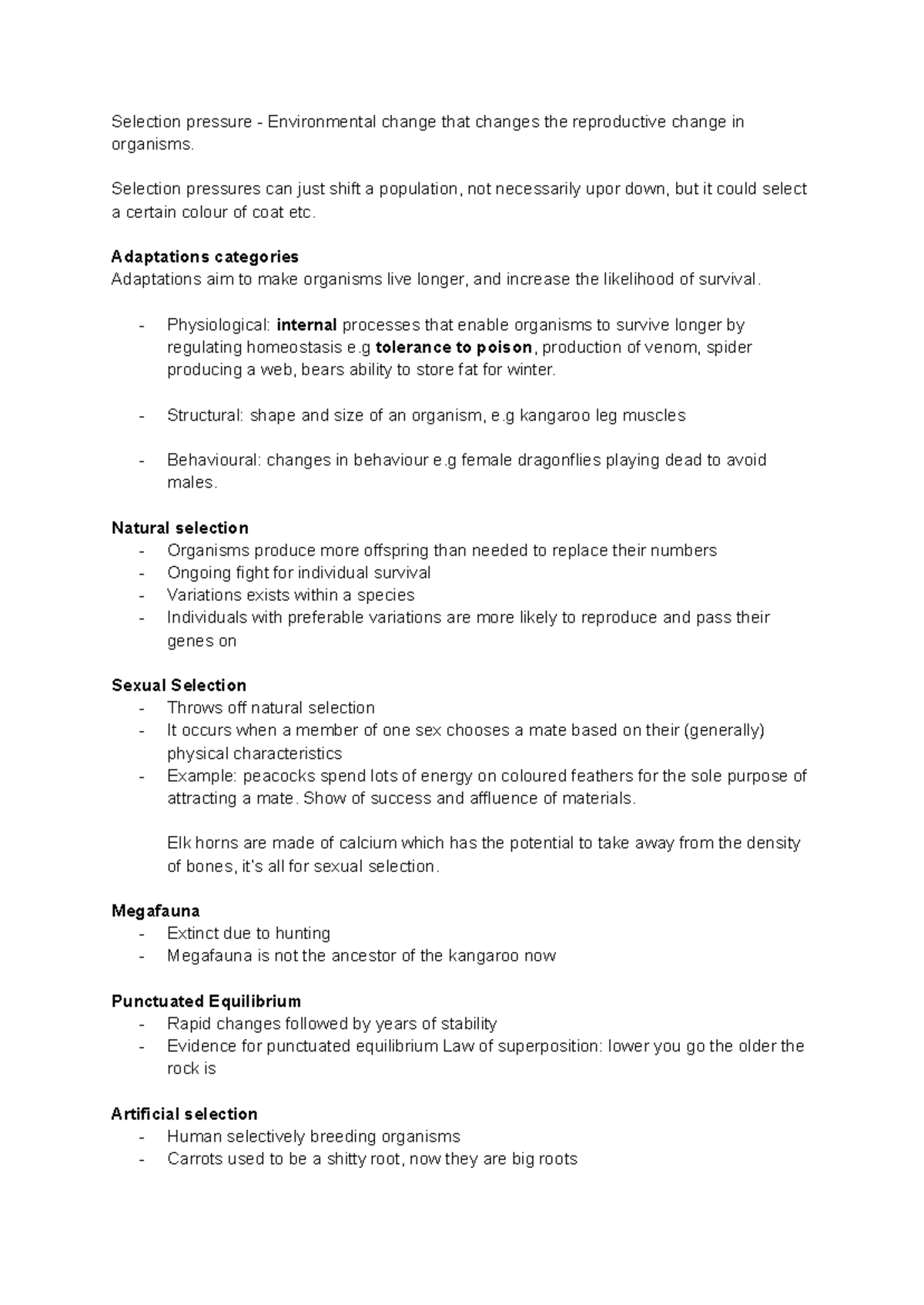 Biology Term 3 Yearly Exam Notes: Selection Pressure & Adaptations ...