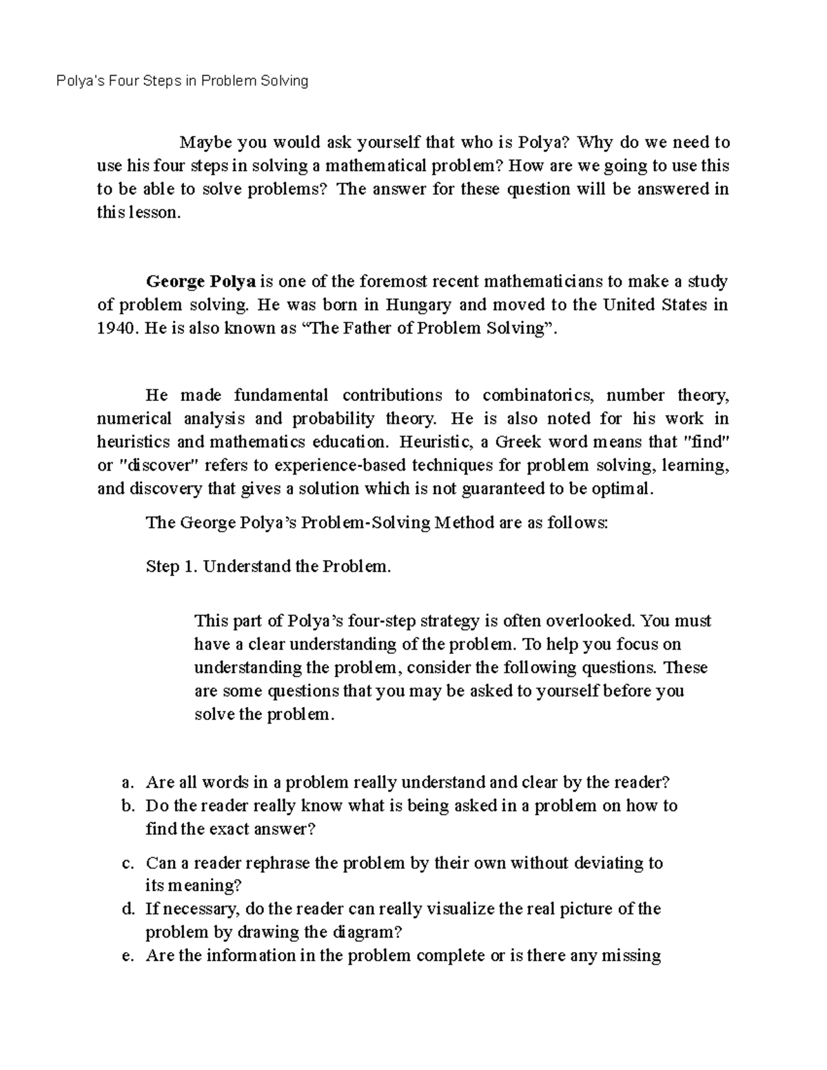 Polya’s Four Steps in Problem Solving: A Comprehensive Guide - Studocu