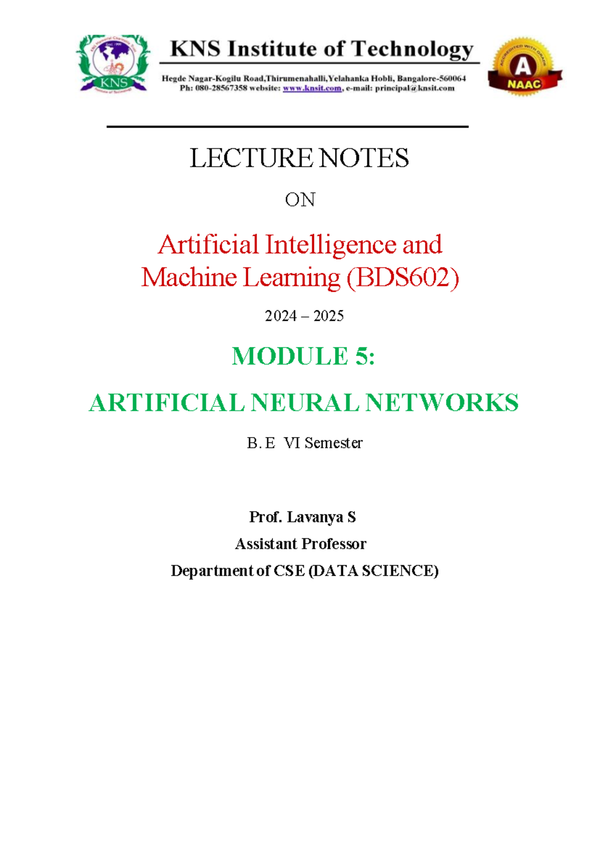 LECTURE NOTES ON ANN (BDS602) - MODULE 5: AI & ML Concepts - Studocu
