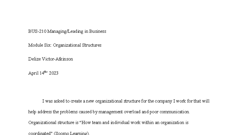 BUS 210 Module 6: New Organizational Structure Proposal - Studocu