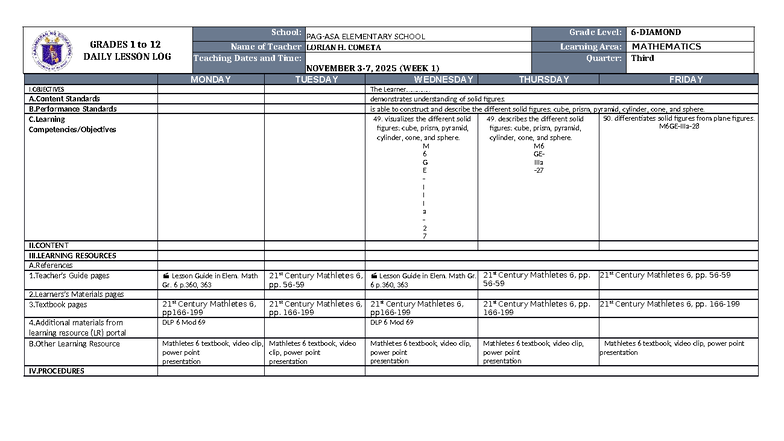 DLL Mathematics 6 Q3 W1 - Daily Lesson Log on Solid Figures - Studocu
