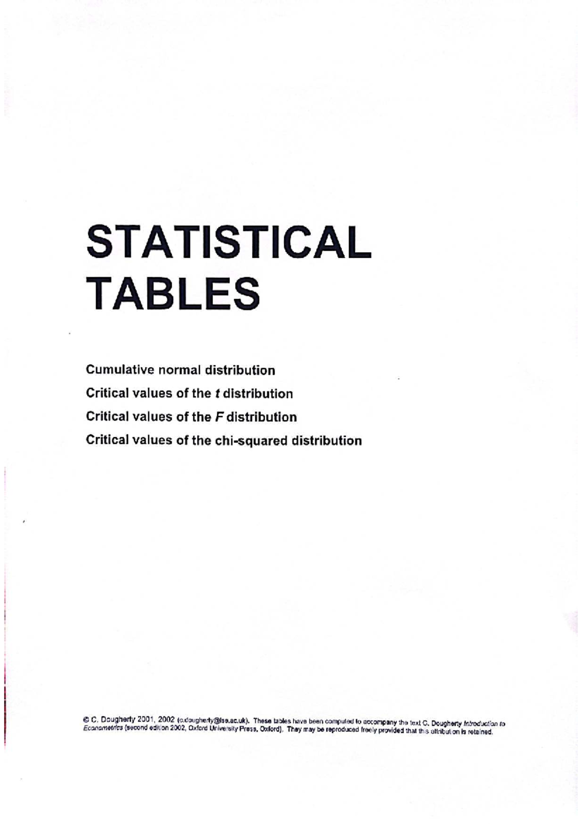 Statistical Tables for Econometrics (STAT 101) - Studocu