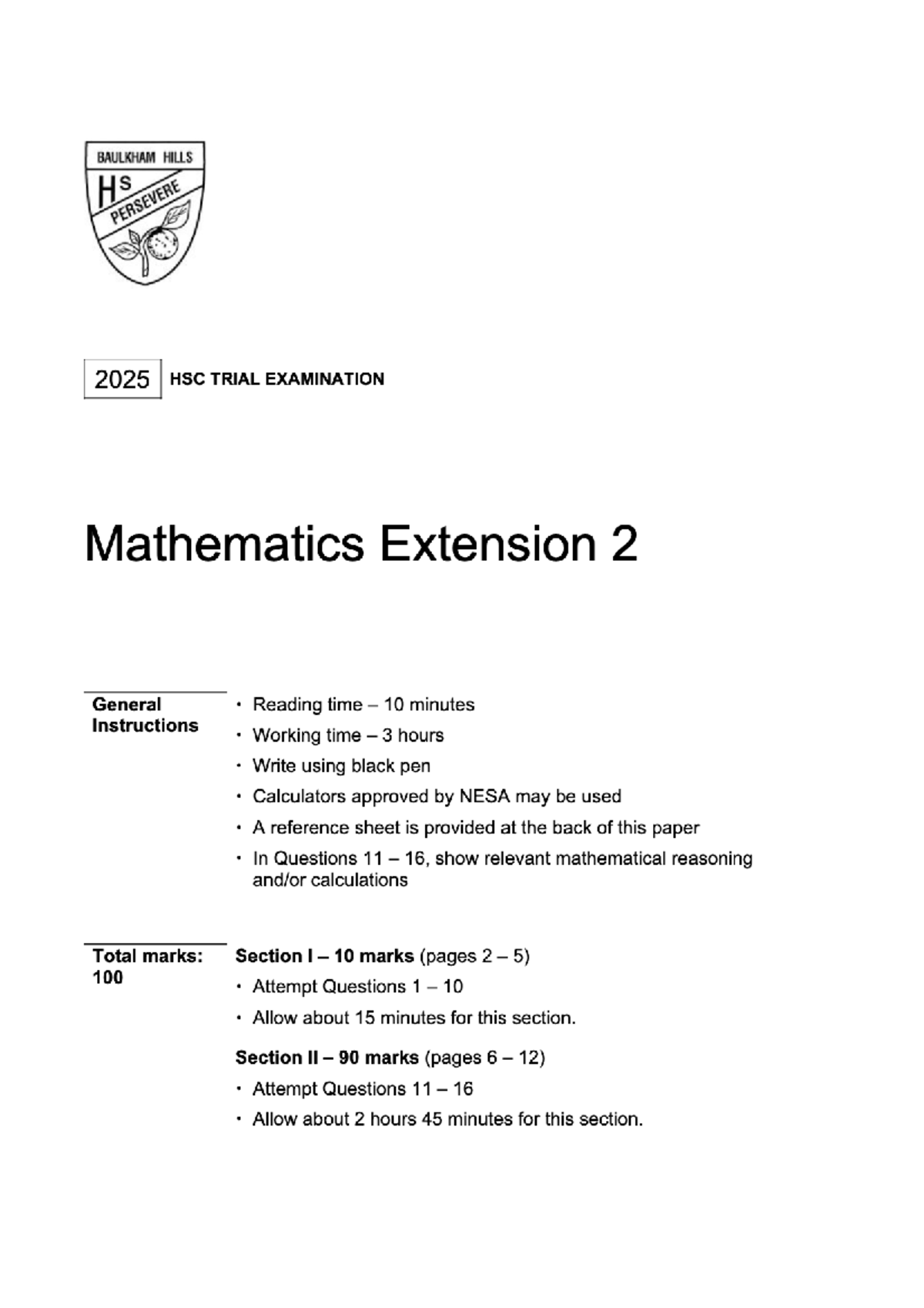 2025 HSC Trial Exam Mathematics Extension 2 Solutions - Studocu
