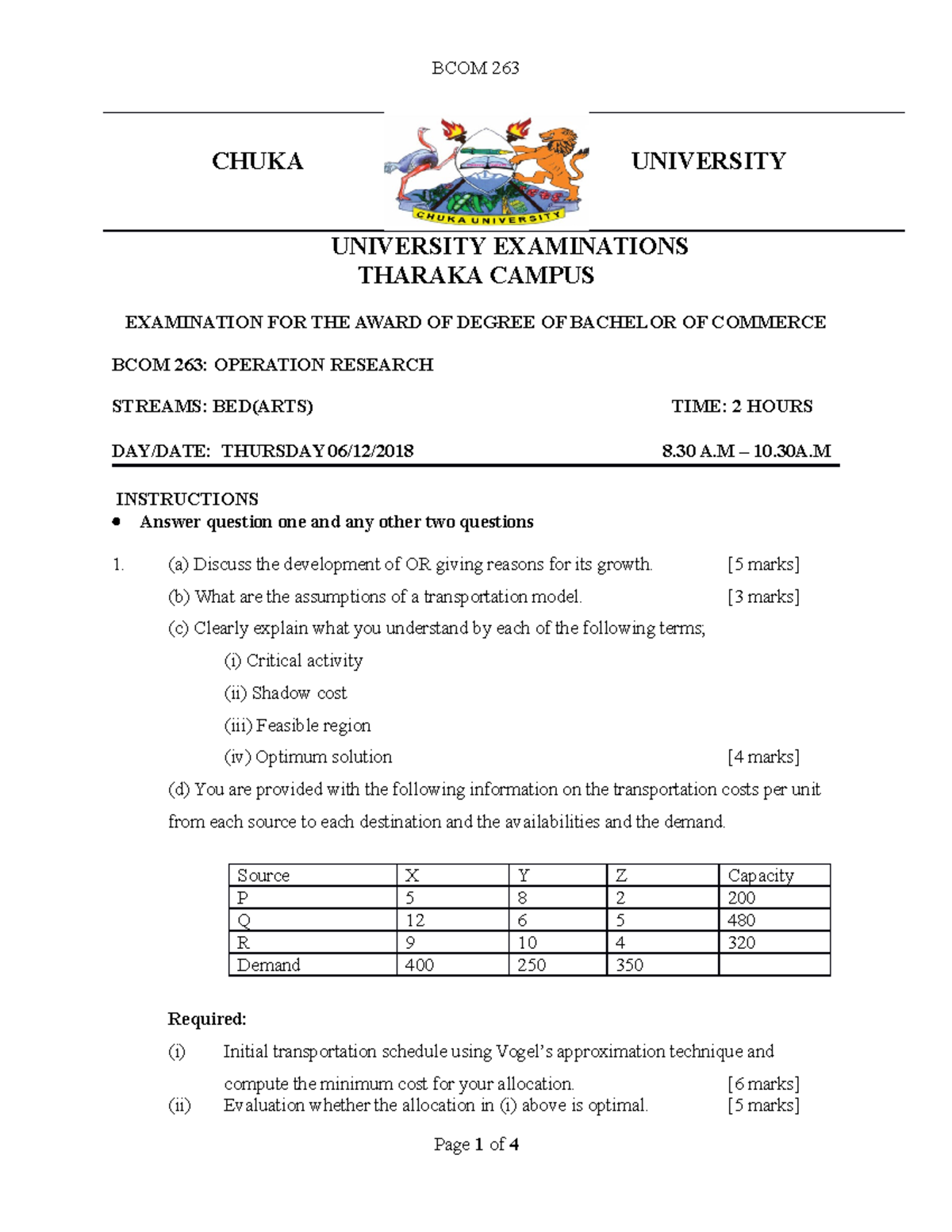 BCOM 263 - Operations Research Final Exam Paper, Dec 2018 - Studocu
