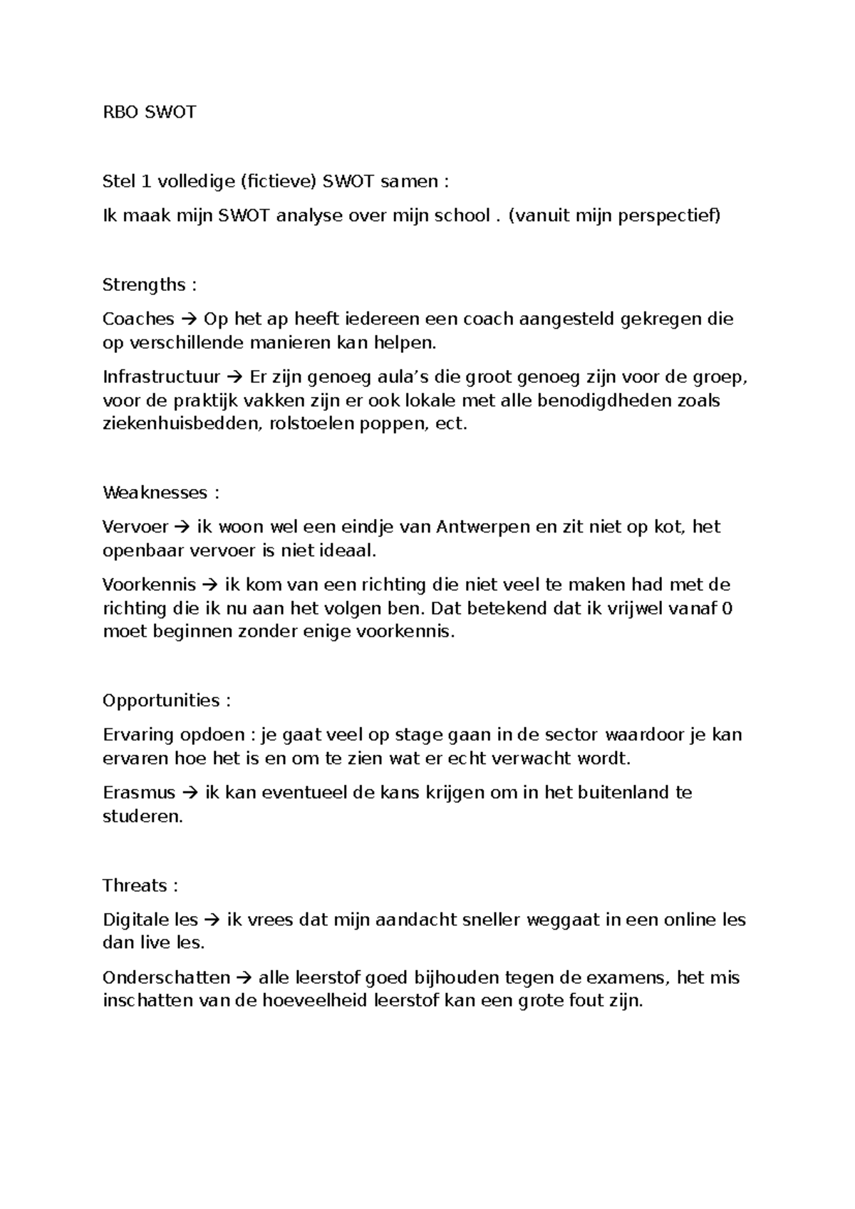 SWOT Analyse RBO: Sterkte, Zwakte, Kansen en Bedreigingen - Studocu
