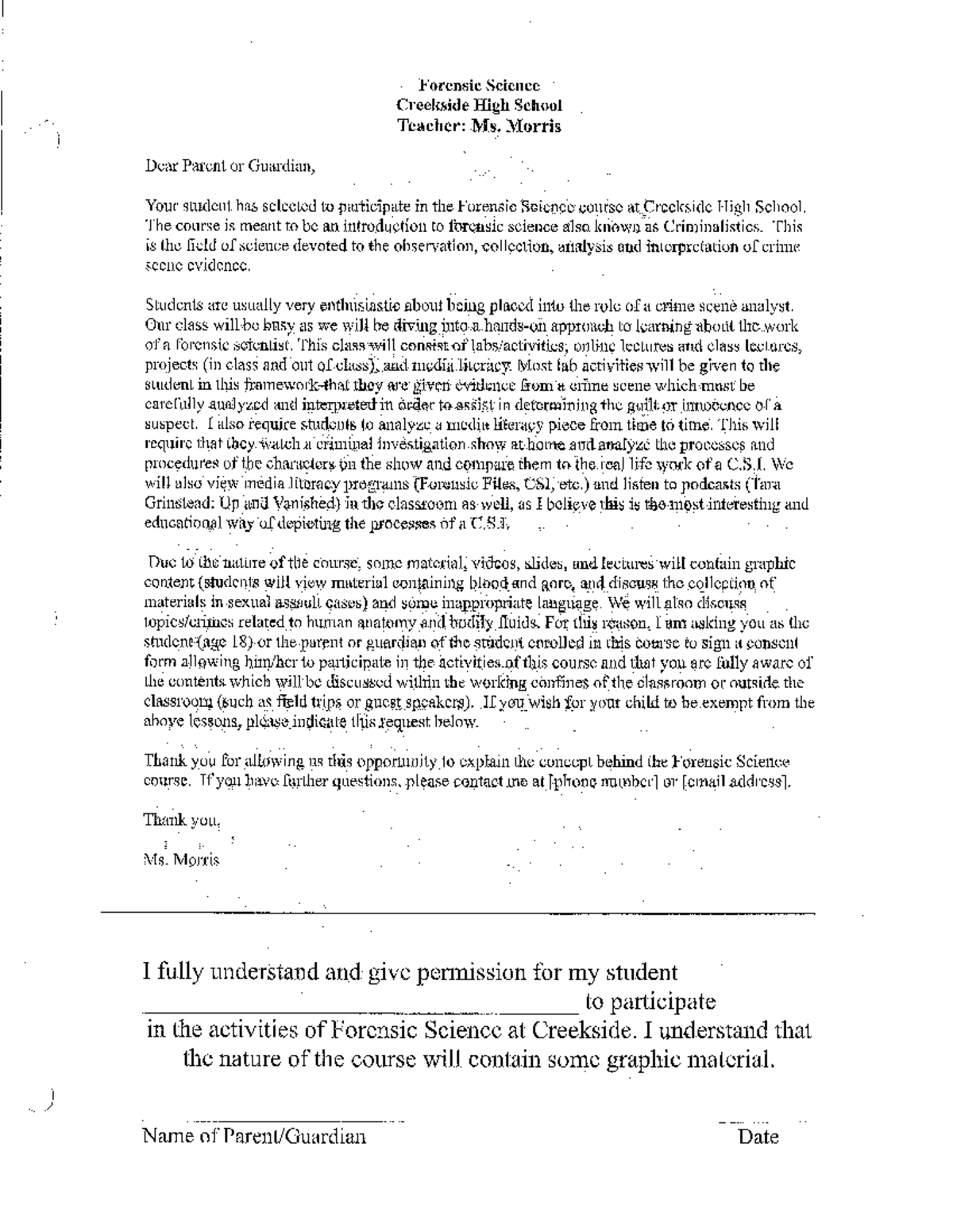 Forensic science course overview and consent form - Creekside High ...