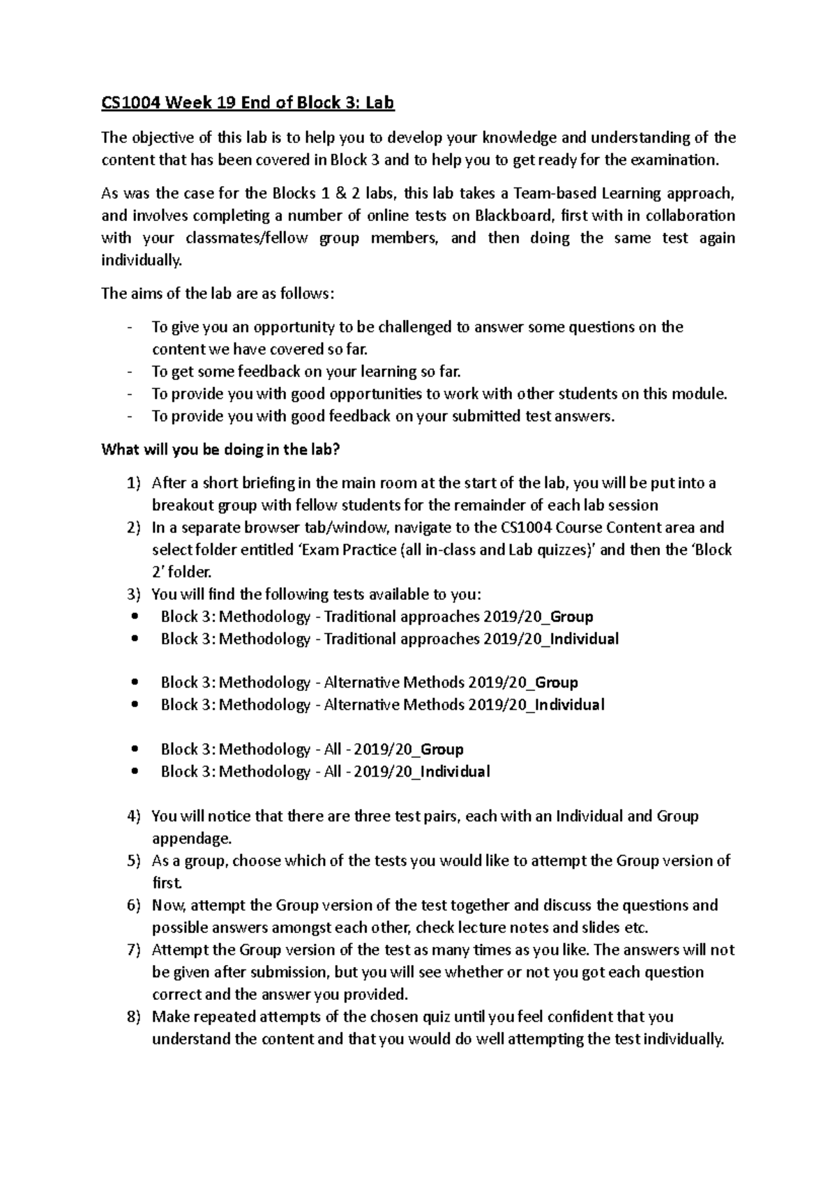 Lab sheet Week 19 BB only fix - CS1004 Week 19 End of Block 3: Lab The ...