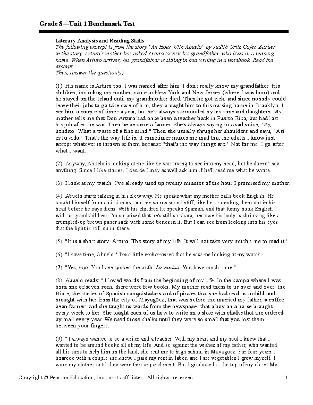 Unit 1 Benchmark Test: Grade 8 Reading & Literary Analysis - Studocu