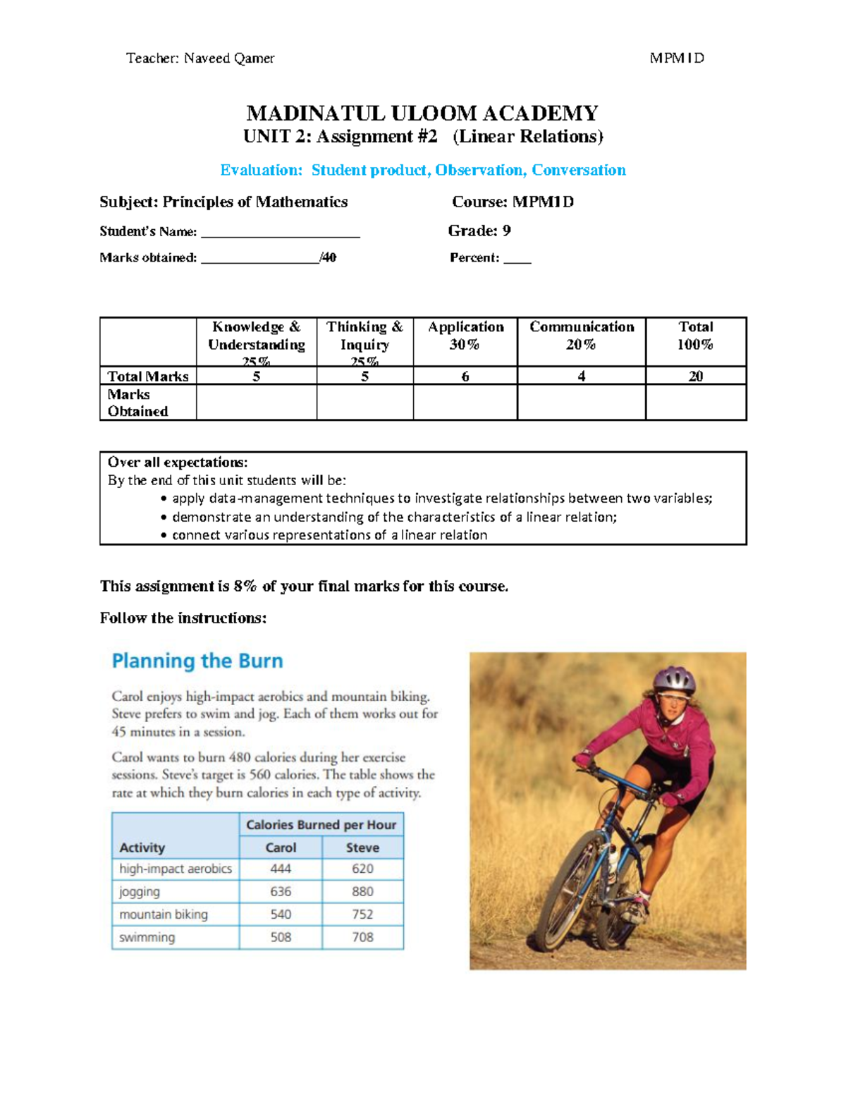 MUA MPM1D Grade 9 2020/21 Math Assignment number 2 questions to answer ...