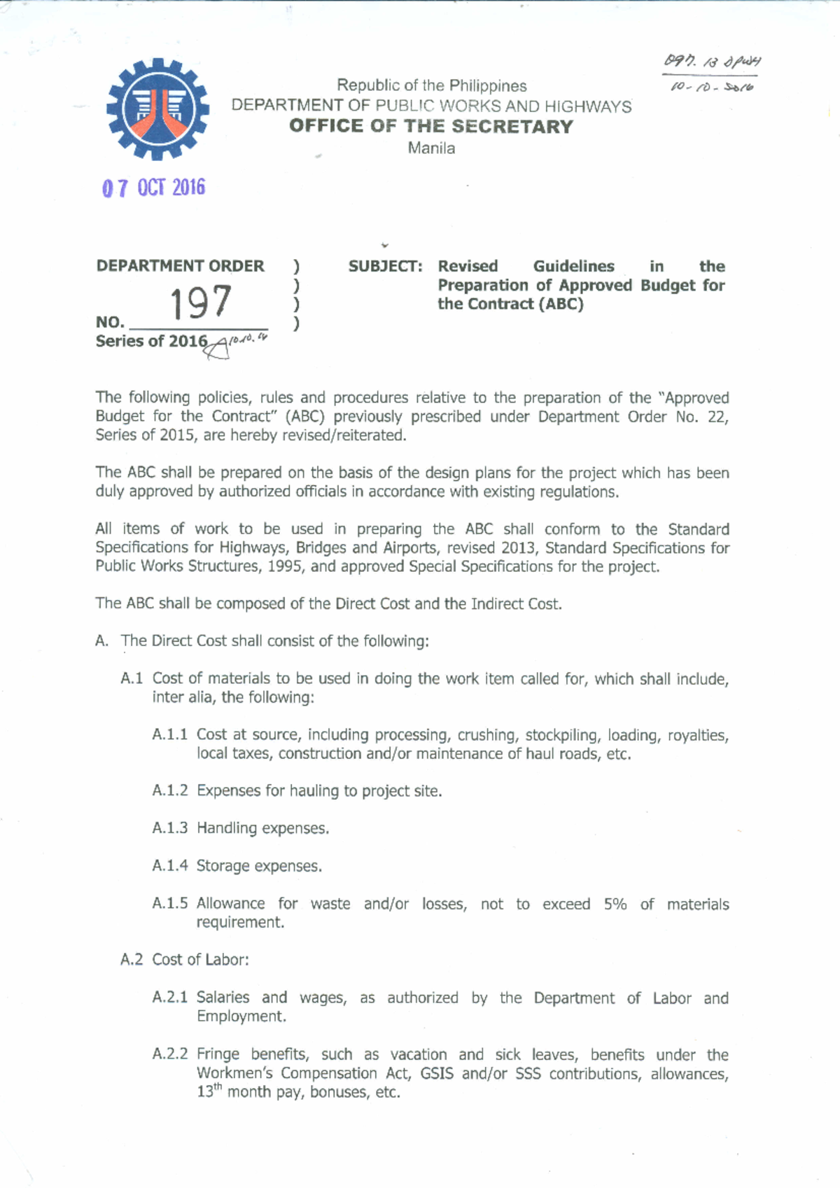 DO 197 s2016 - DPWH Department Order - (ij). - ####### '" • in o 1 OCT ...