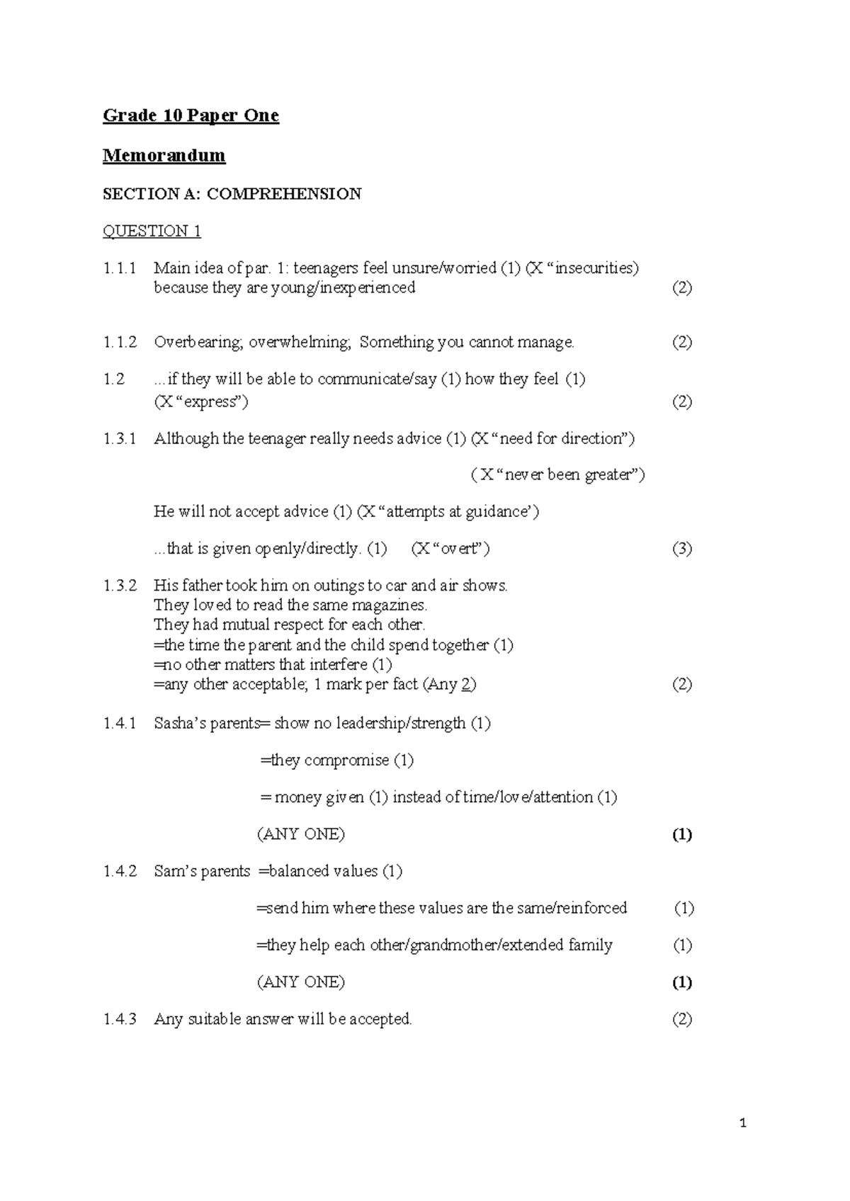 Grade 10 P1 MEMO - Comprehensive Past Paper Analysis - Studocu