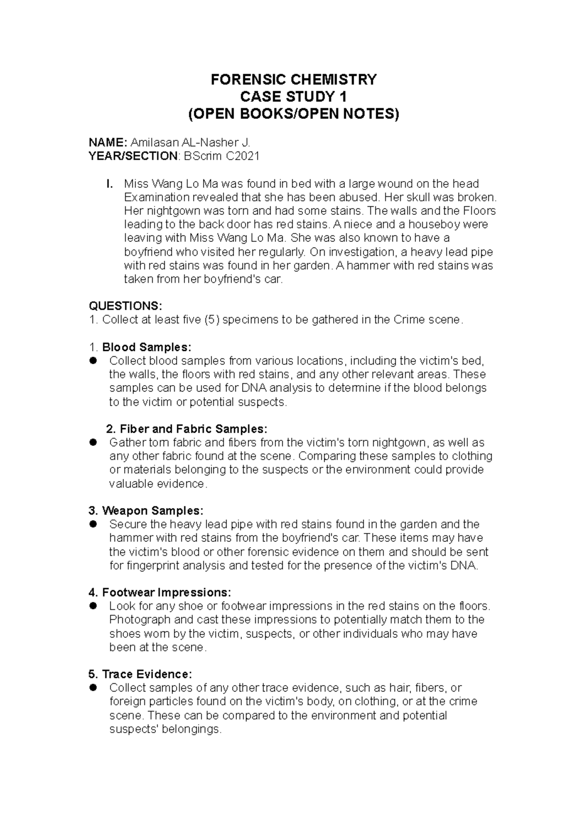 Forensic Chemistry Case Study 1: Analysis of Crime Scene Evidence - Studocu