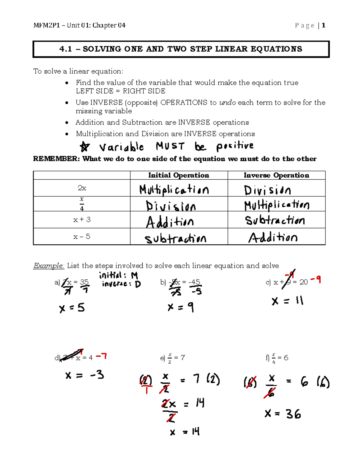 MFM2P1 Lesson 1: Solving One and Two-Step Linear Equations - Studocu