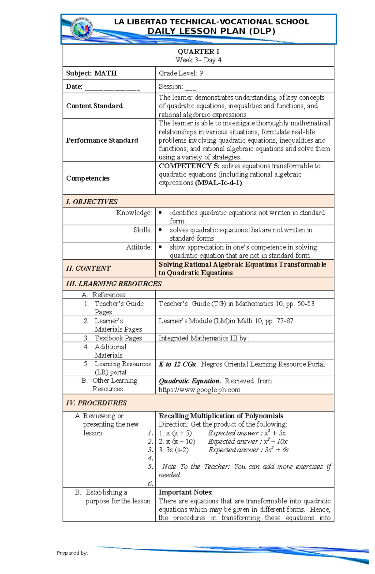 MATH 9 DAILY LESSON PLAN: QUADRATIC EQUATIONS & FUNCTIONS - Studocu