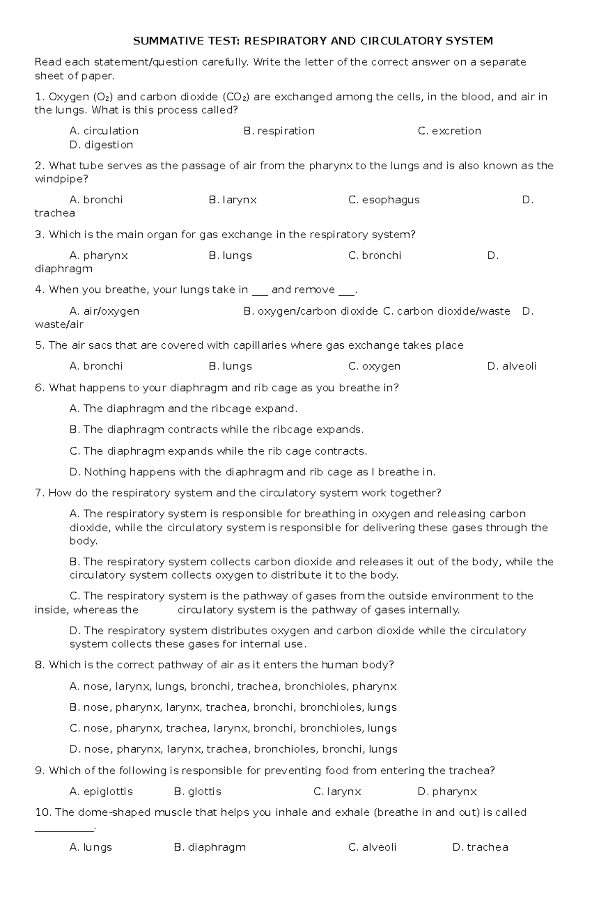 25-Item Summative Test on Respiratory & Circulatory Systems - Studocu