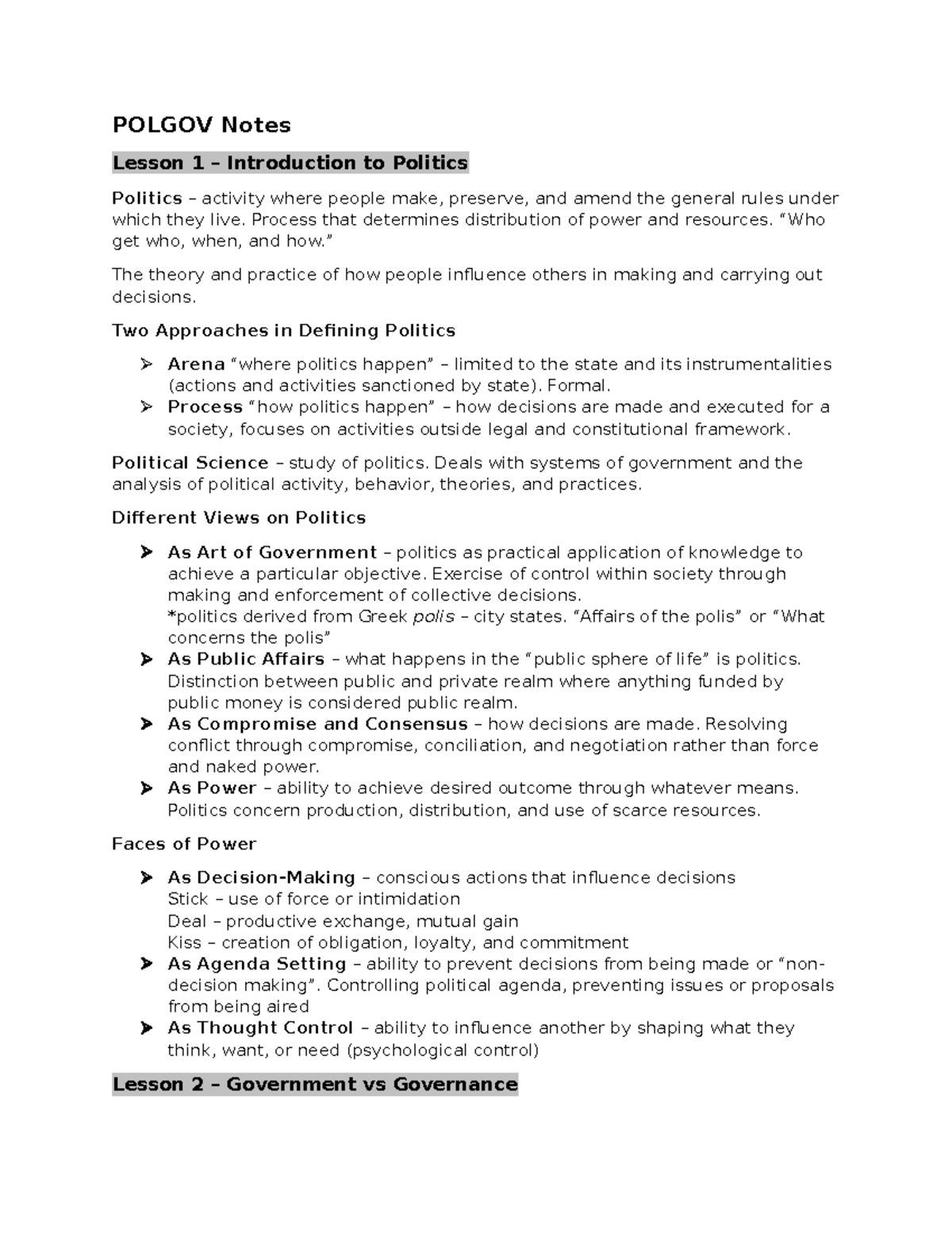 POLGOV Notes Lesson 1 & 2: Intro to Politics & Governance - Studocu