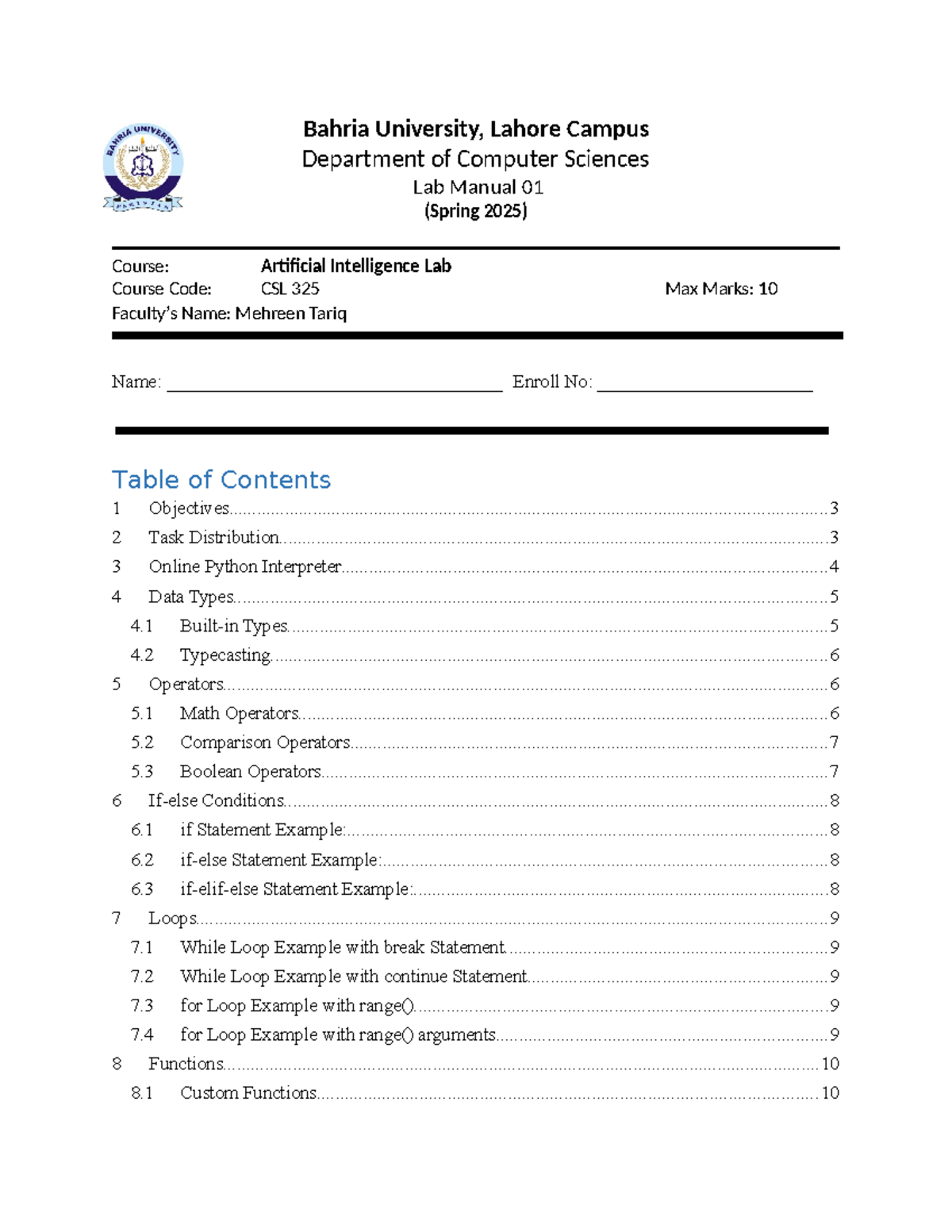 Lab Manual 1: Artificial Intelligence (CSL 325) - Python Fundamentals ...