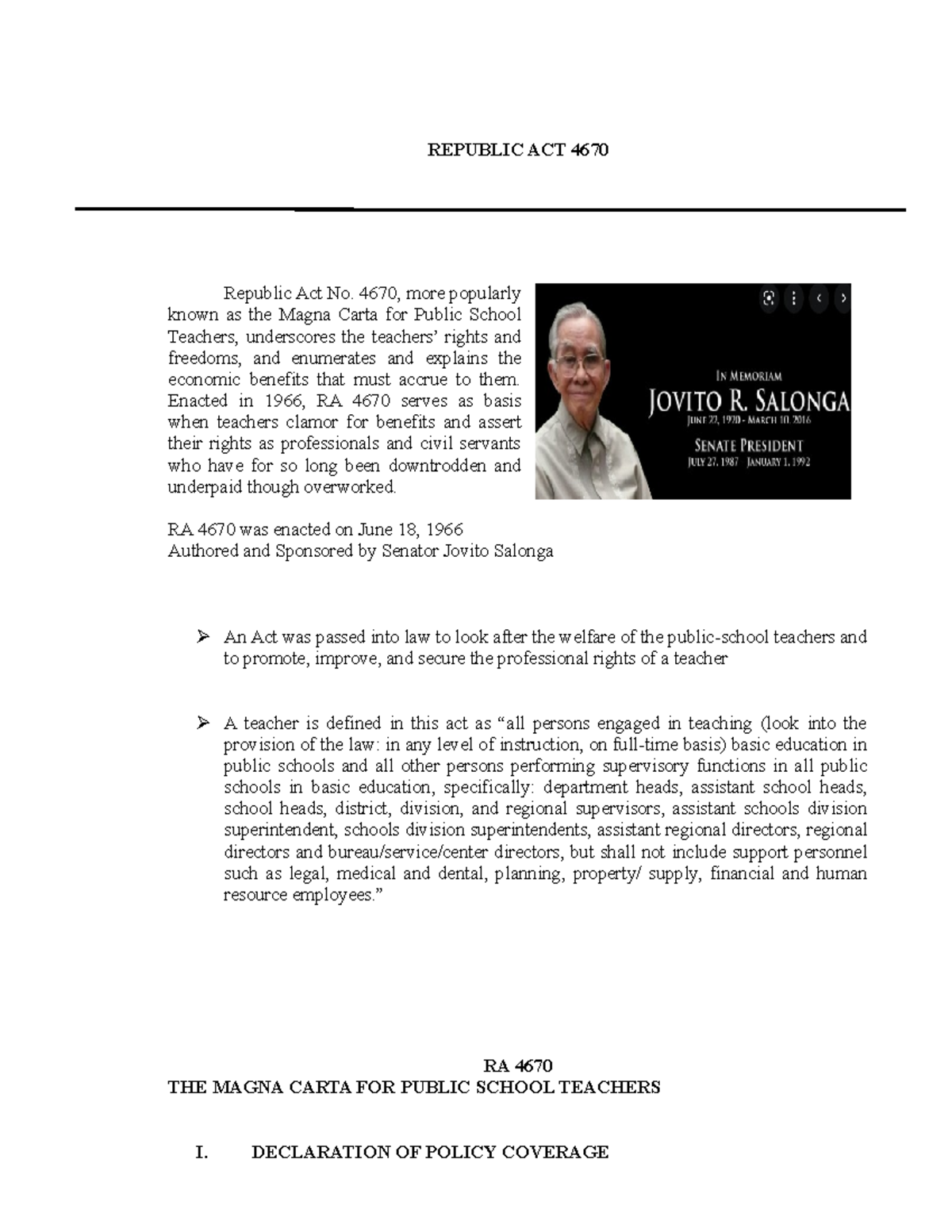 RA 4670 - Magna Carta FOR Public School Teacher - REPUBLIC ACT 4670 Republic Act No. 4670, more ...