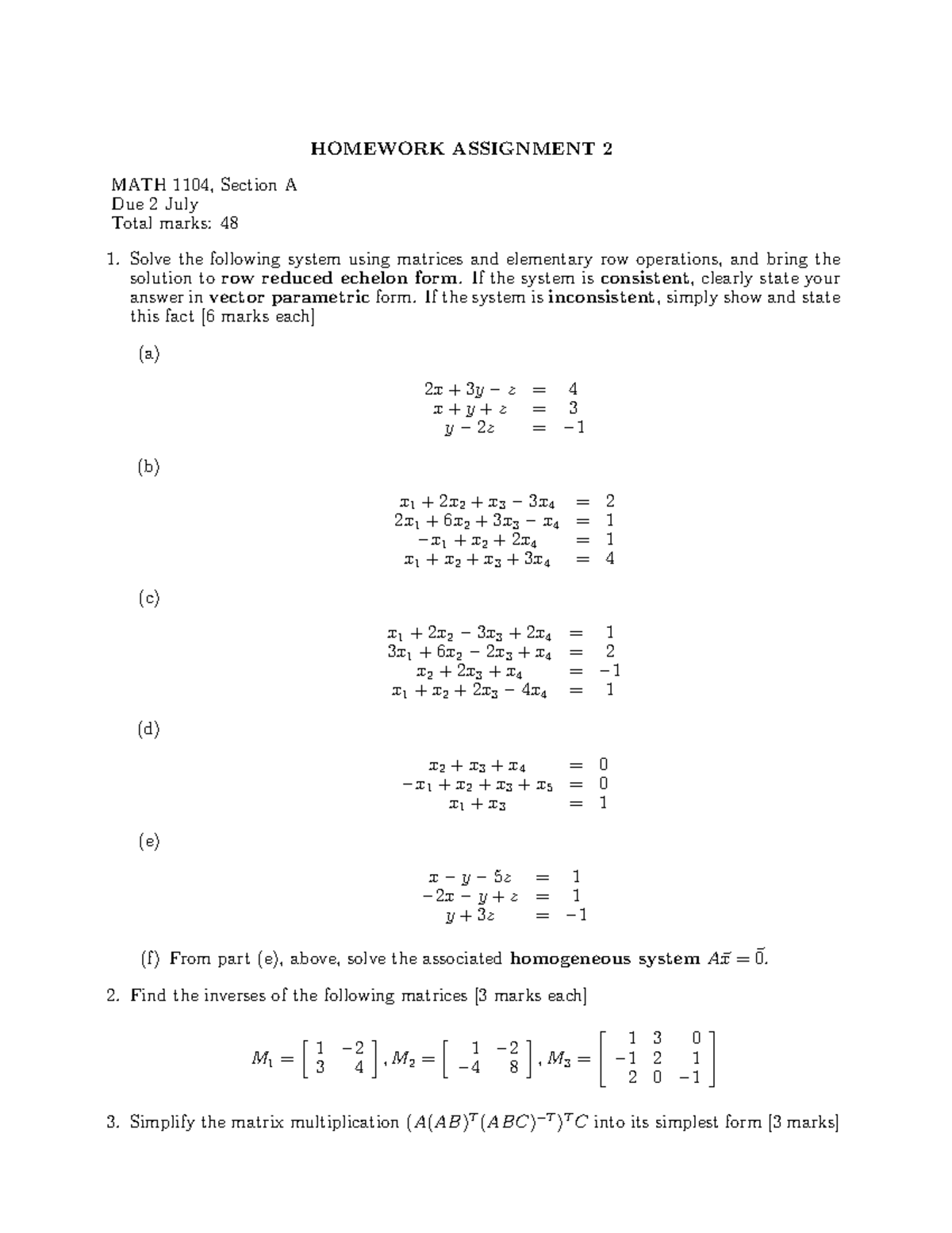 Homework Assignment 2 MATH 1104, Section A - Matrix Solutions - Studocu