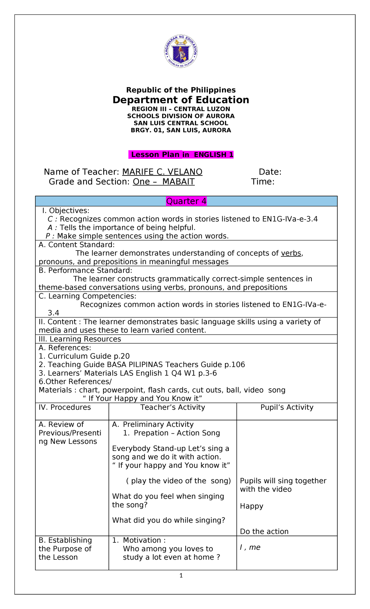 Lesson Plan for ENGLISH 1 - Grade 1 - Fourth Quarter Activities - Studocu