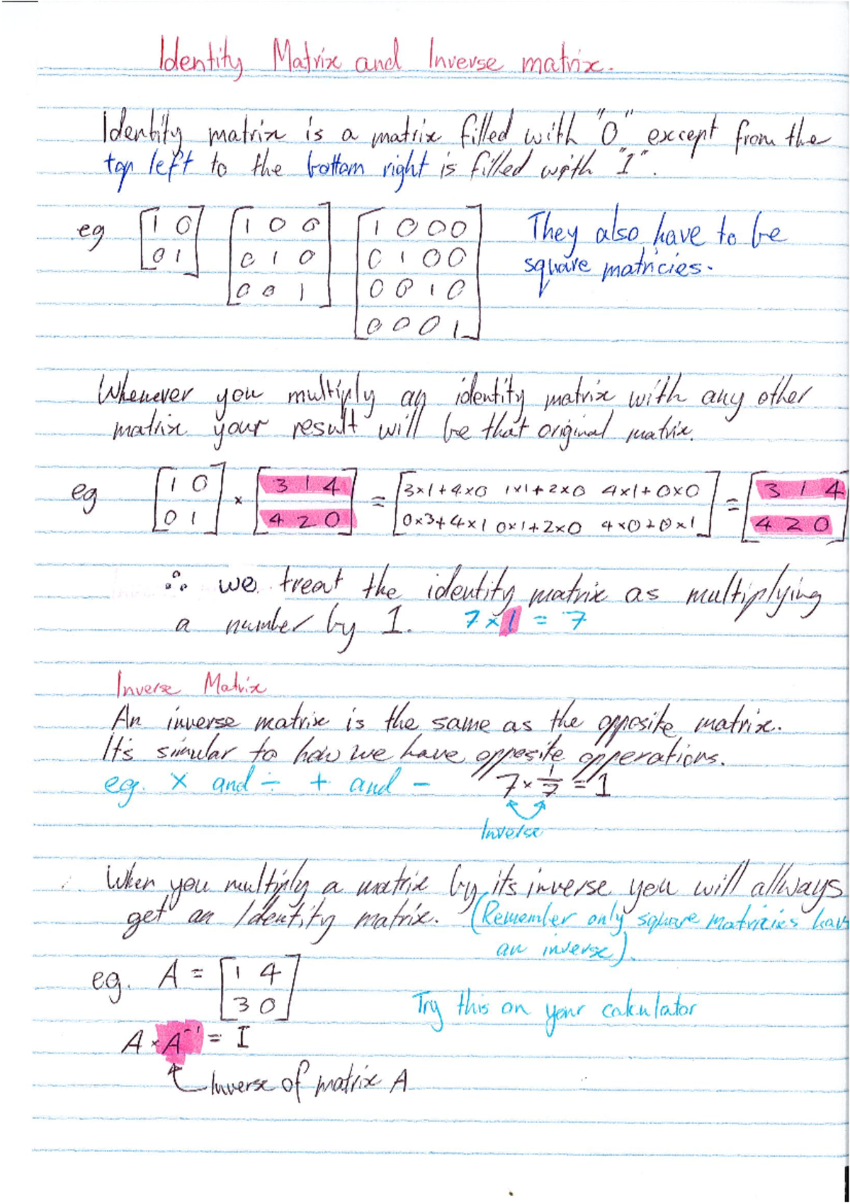 7. Identity Matrix and Inverse Matrix Notes - Identity Matrix and ...