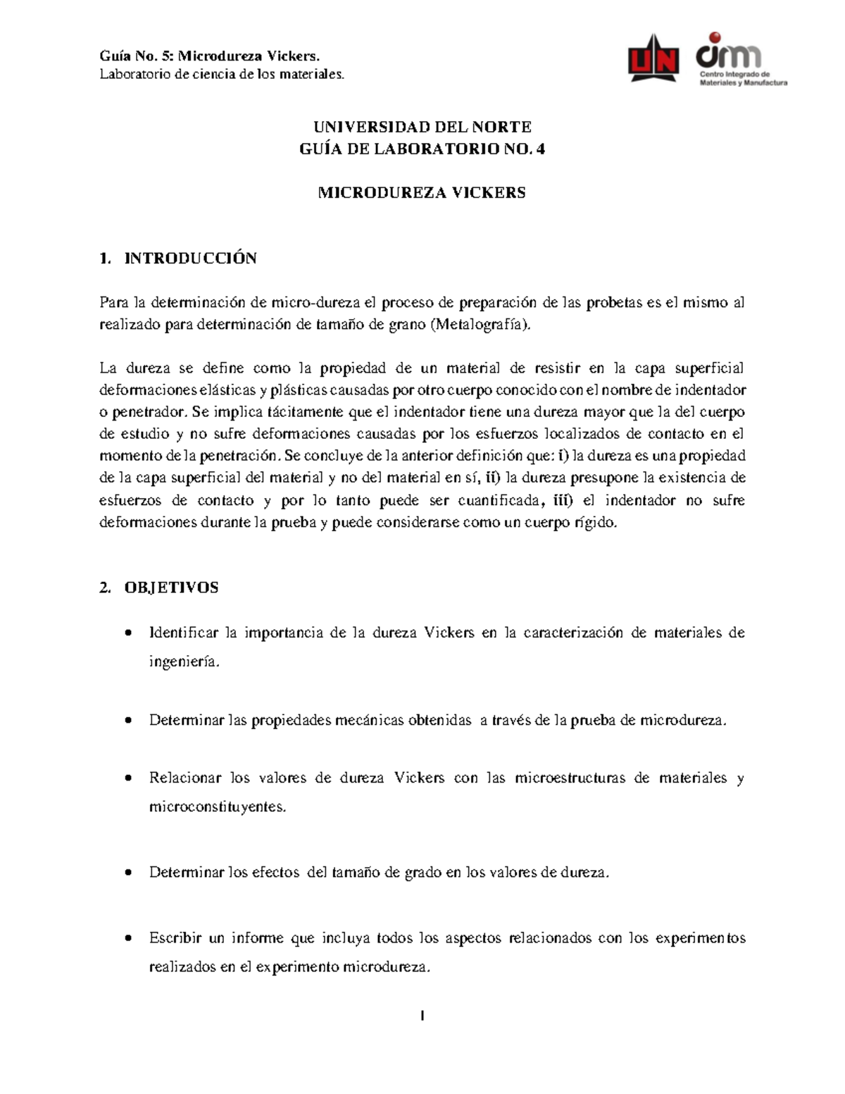Guía No. 5: Microdureza Vickers en Laboratorio de Ciencia de Materiales ...