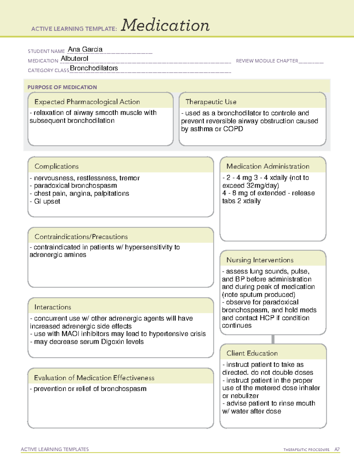 ALT - Albuterol Medication Review Template for Bronchodilators - Studocu