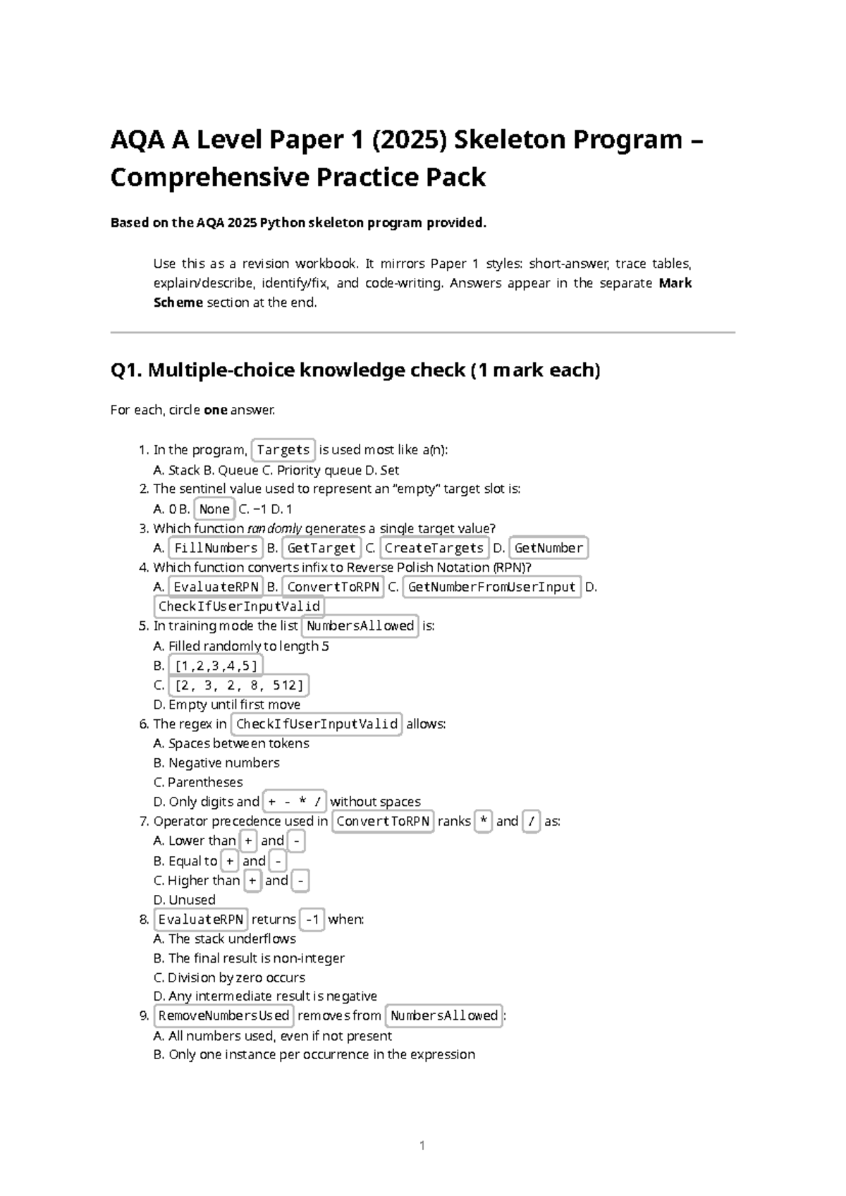 AQA A Level Paper 1 (2025) Skeleton Program Practice Pack & Mark Scheme - Studocu