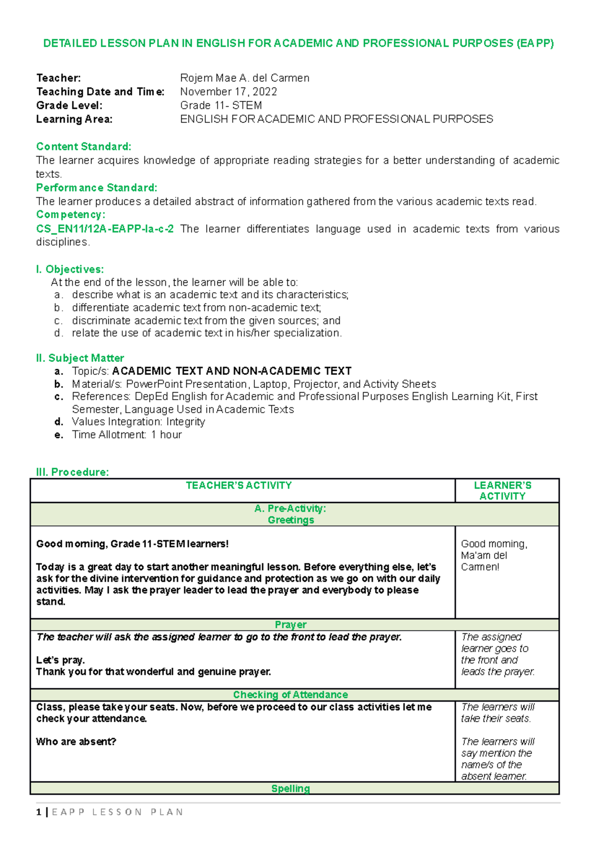 EAPP Lesson PLAN - DETAILED LESSON PLAN IN ENGLISH FOR ACADEMIC AND PROFESSIONAL PURPOSES (EAPP ...