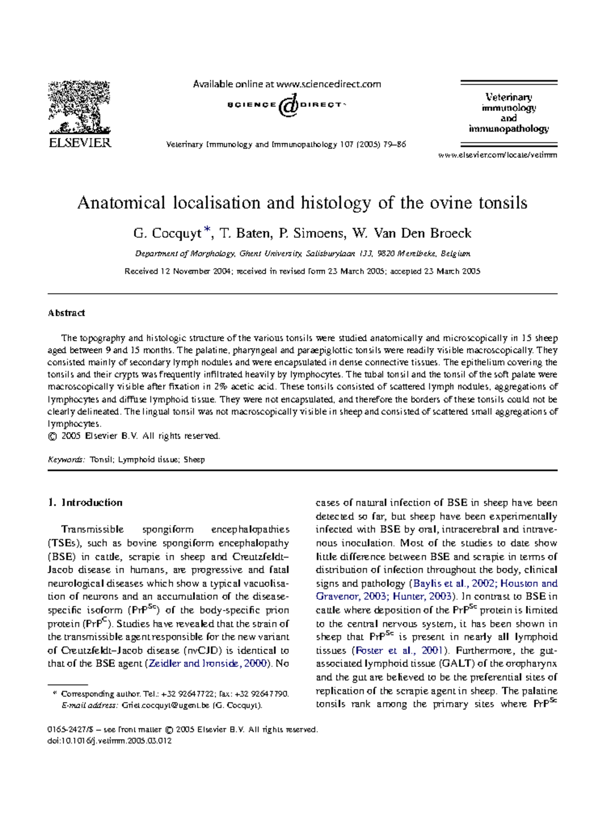 Anatomical and Histological Study of Ovine Tonsils (Vet Immunol 107 ...