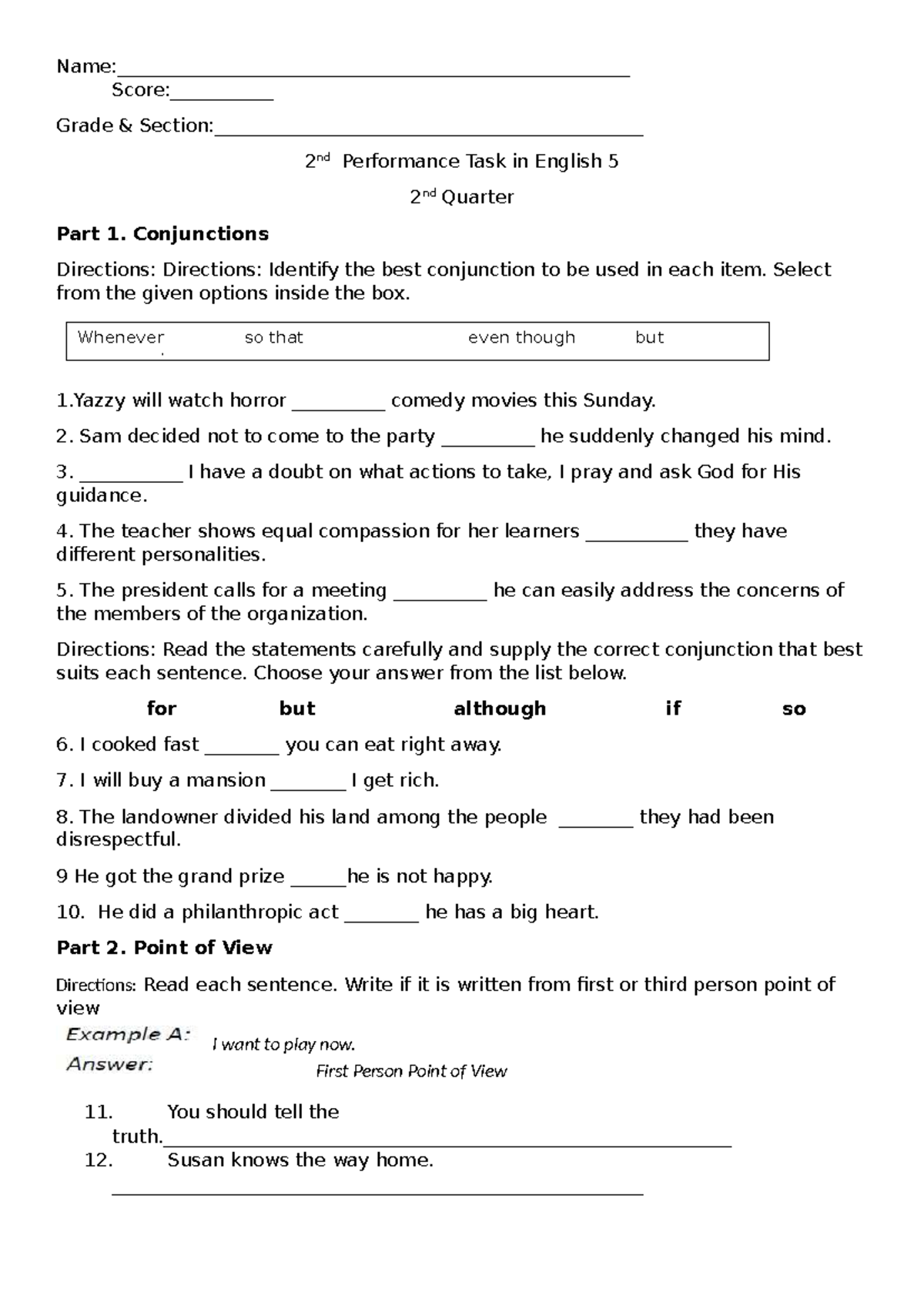 Grade 2 Performance Task in English 5: Conjunctions & Point of View ...