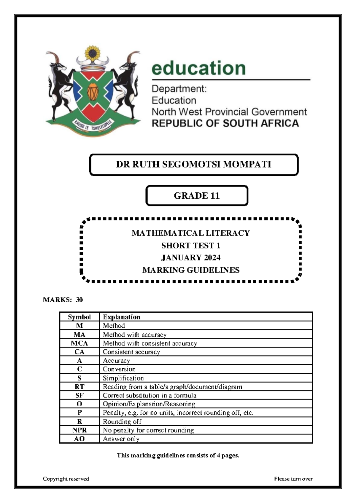 Grade 11 Mathematical Literacy Short Test 1 MG - Jan 2024 - Studocu