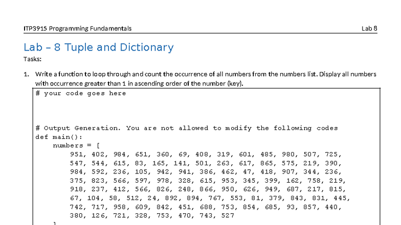 ITP3915 Programming Fundamentals Lab 8: Tuple and Dictionary Tasks ...