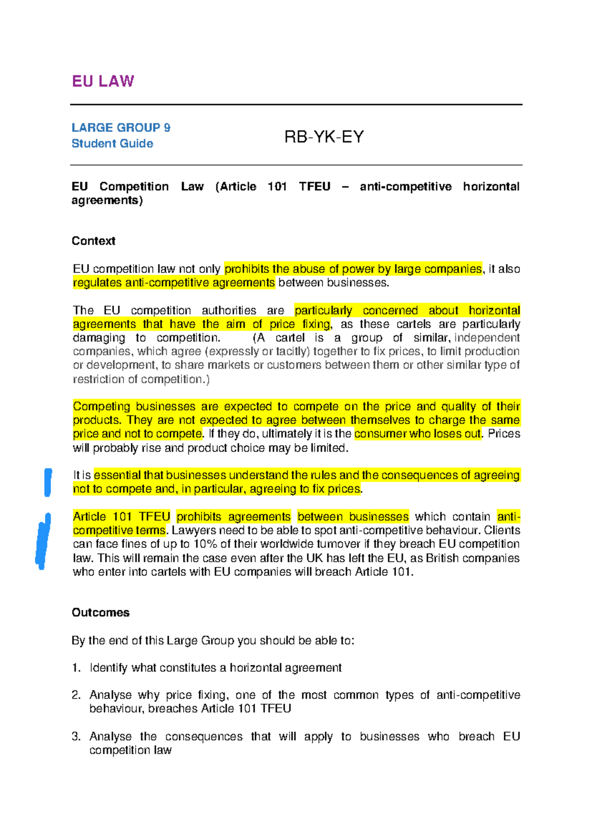 EU Law LG09 CE01 Student Guide: Understanding Article 101 TFEU - Studocu