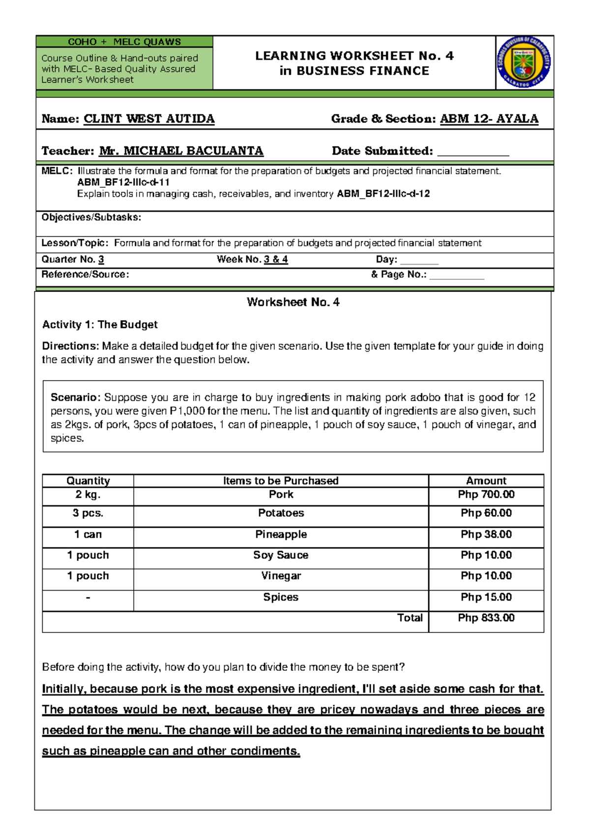 Week 4 Learning Worksheet in Business Finance (ABM 12) - Studocu