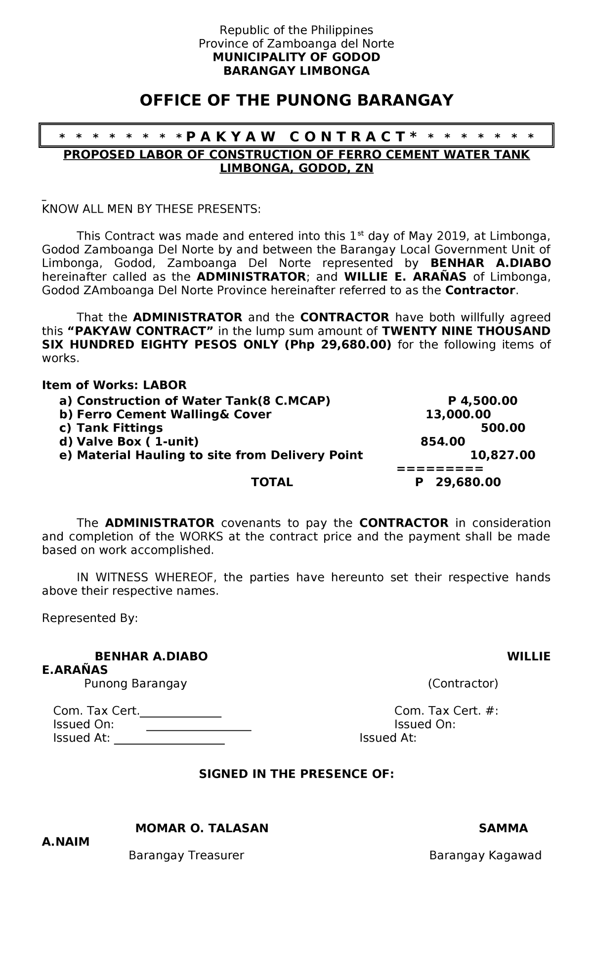 Pakyaw Contract - Republic of the Philippines Province of Zamboanga del ...