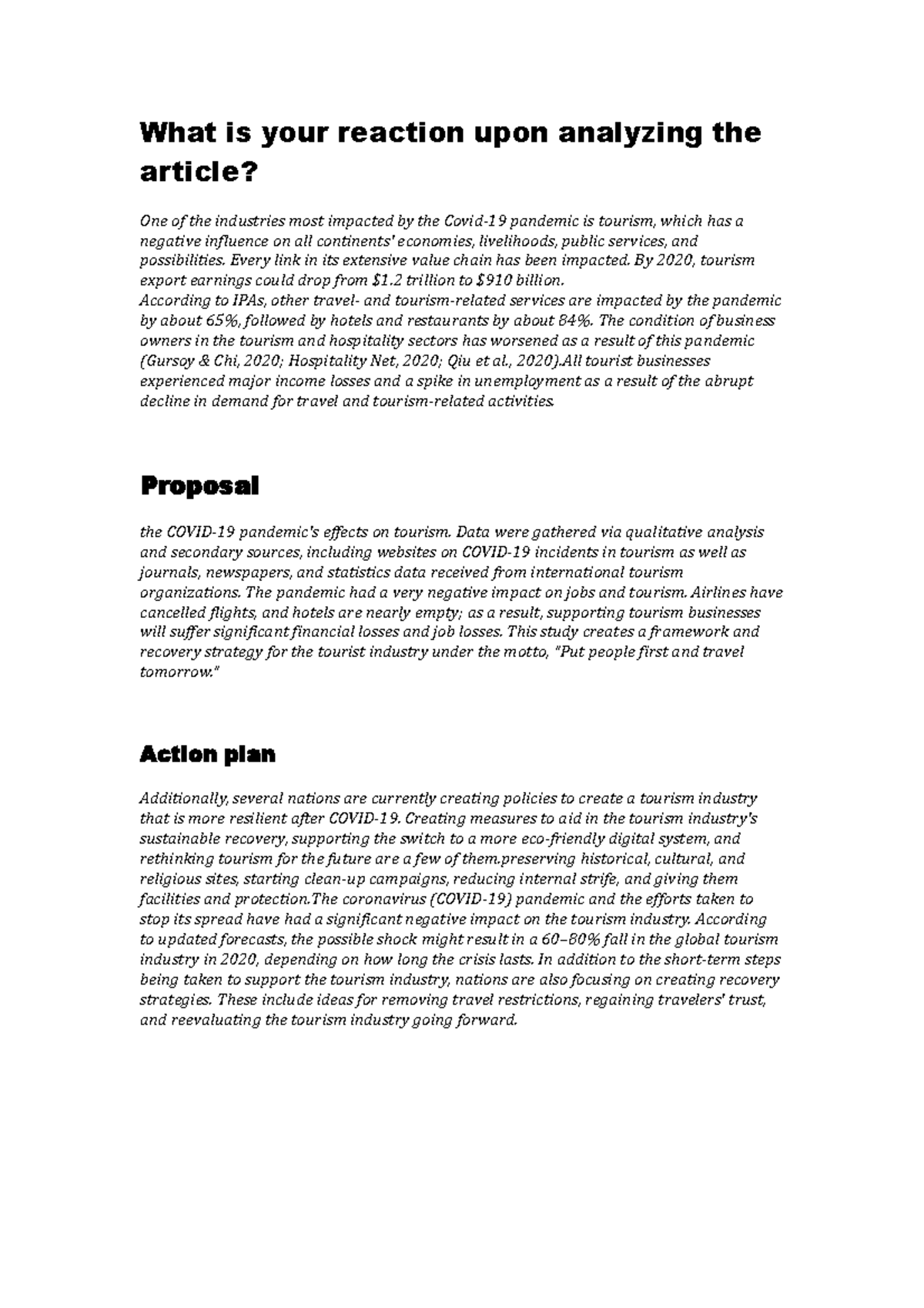 COVID-19's Impact on Tourism: Reactions and Recovery Strategies - Studocu