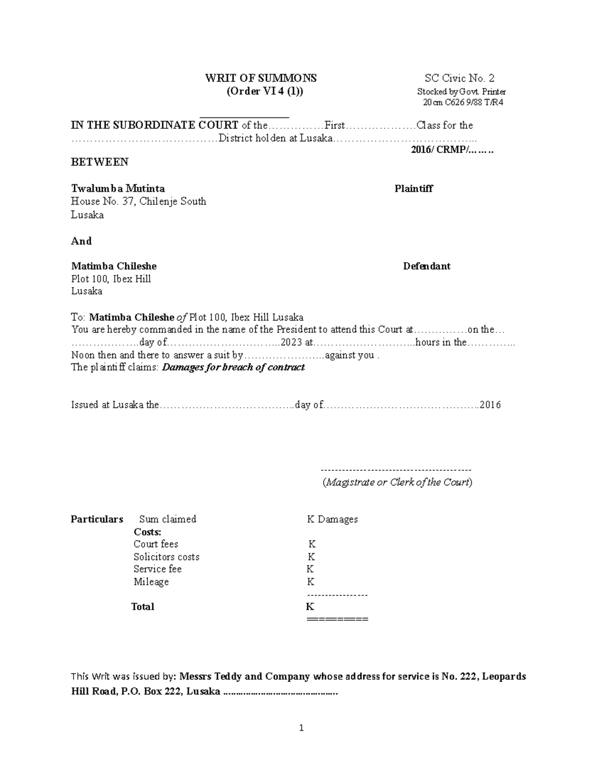Writ of Summons Template for SC Civic No. 2 - Lusaka 2023 - Studocu