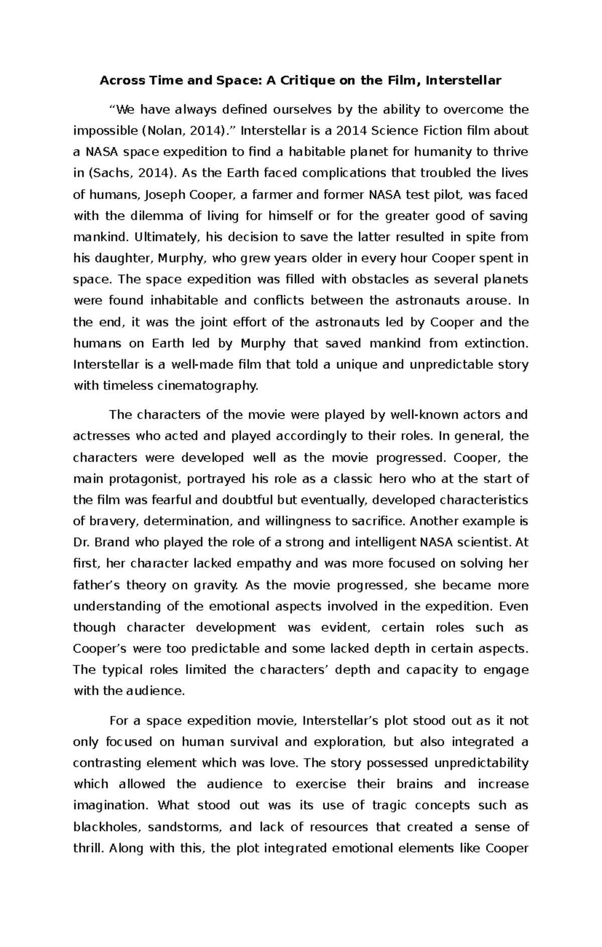 Critique Paper Sample - Across Time and Space: A Critique on the Film ...