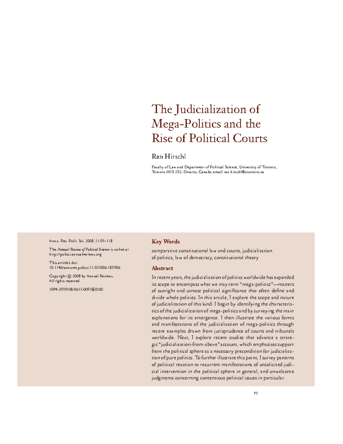 Hirschl, 2008 - Exploring Judicialization in Mega-Politics & Courts ...