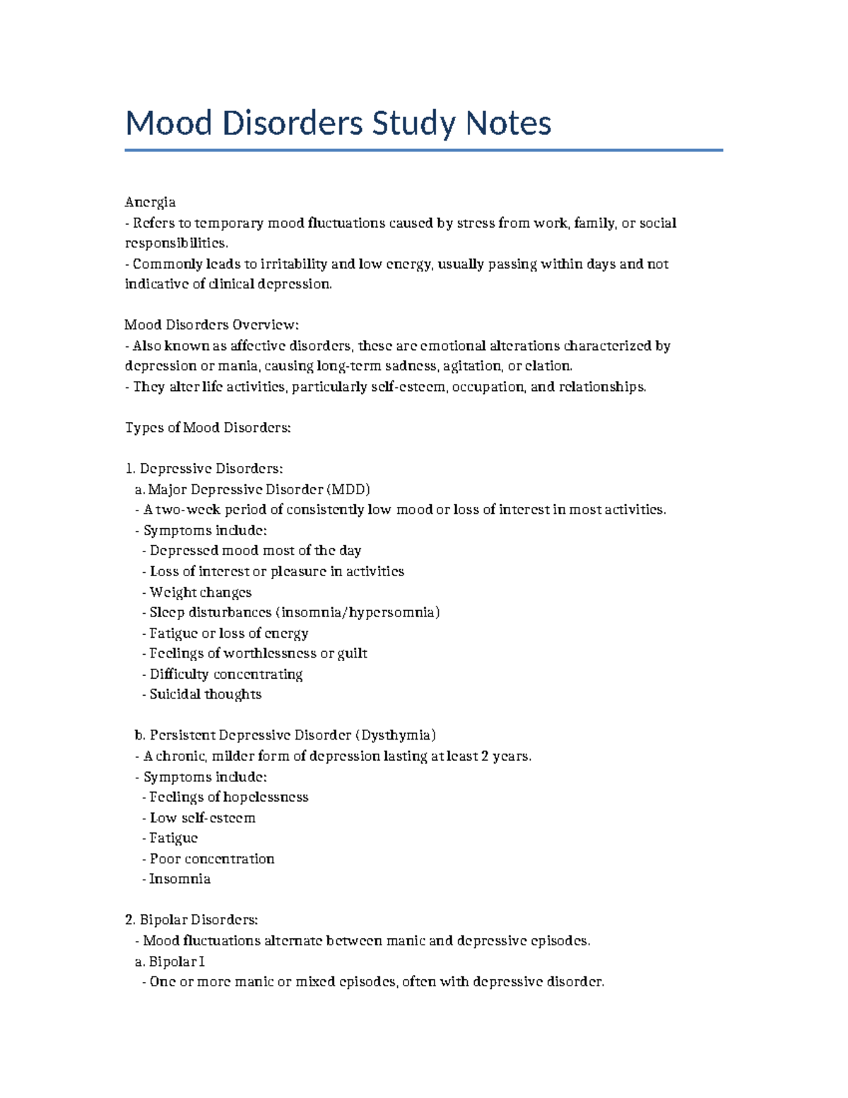 Mood Disorders Study Notes: Overview, Types, and Etiology - Studocu
