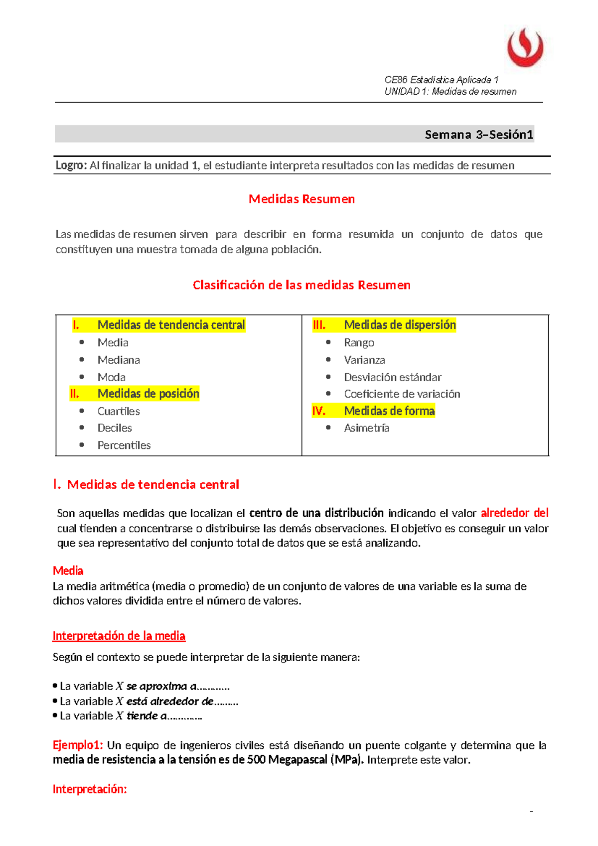 CE86 Estadística Aplicada 1 UNIDAD 1: Medidas de Resumen y Análisis ...