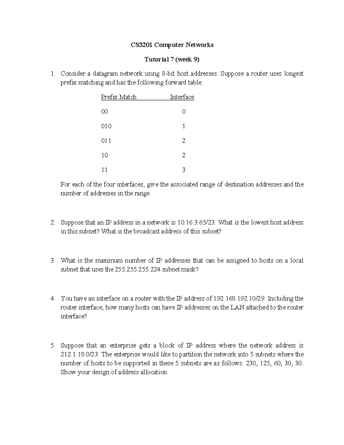CS3201 Computer Networks Tutorial 7: Addressing & Subnetting Concepts ...