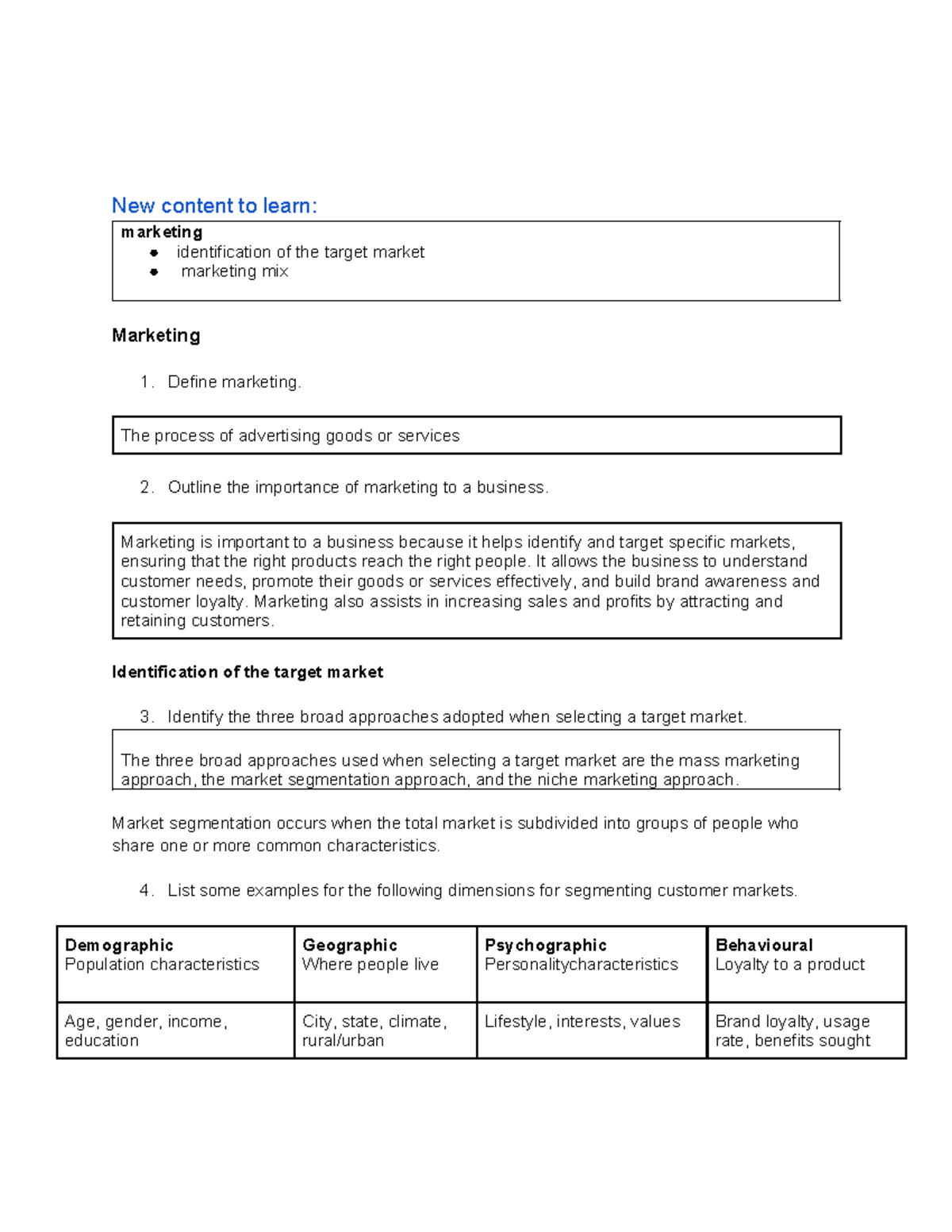 Business Studies Marketing 1: Target Market & Marketing Mix Overview ...