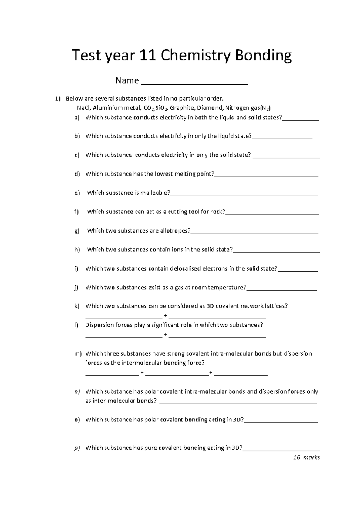 Year 11 Chemistry Test: Bonding Concepts and Questions - Studocu